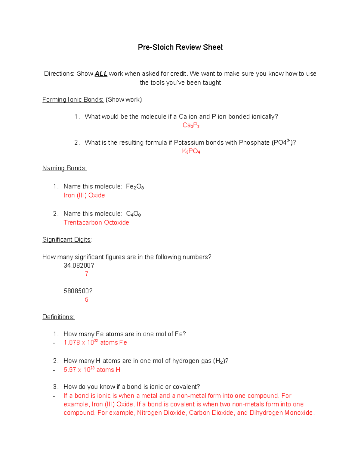 Pre-Stoich Review Sheet - Pre-Stoich Review Sheet Directions: Show ALL ...