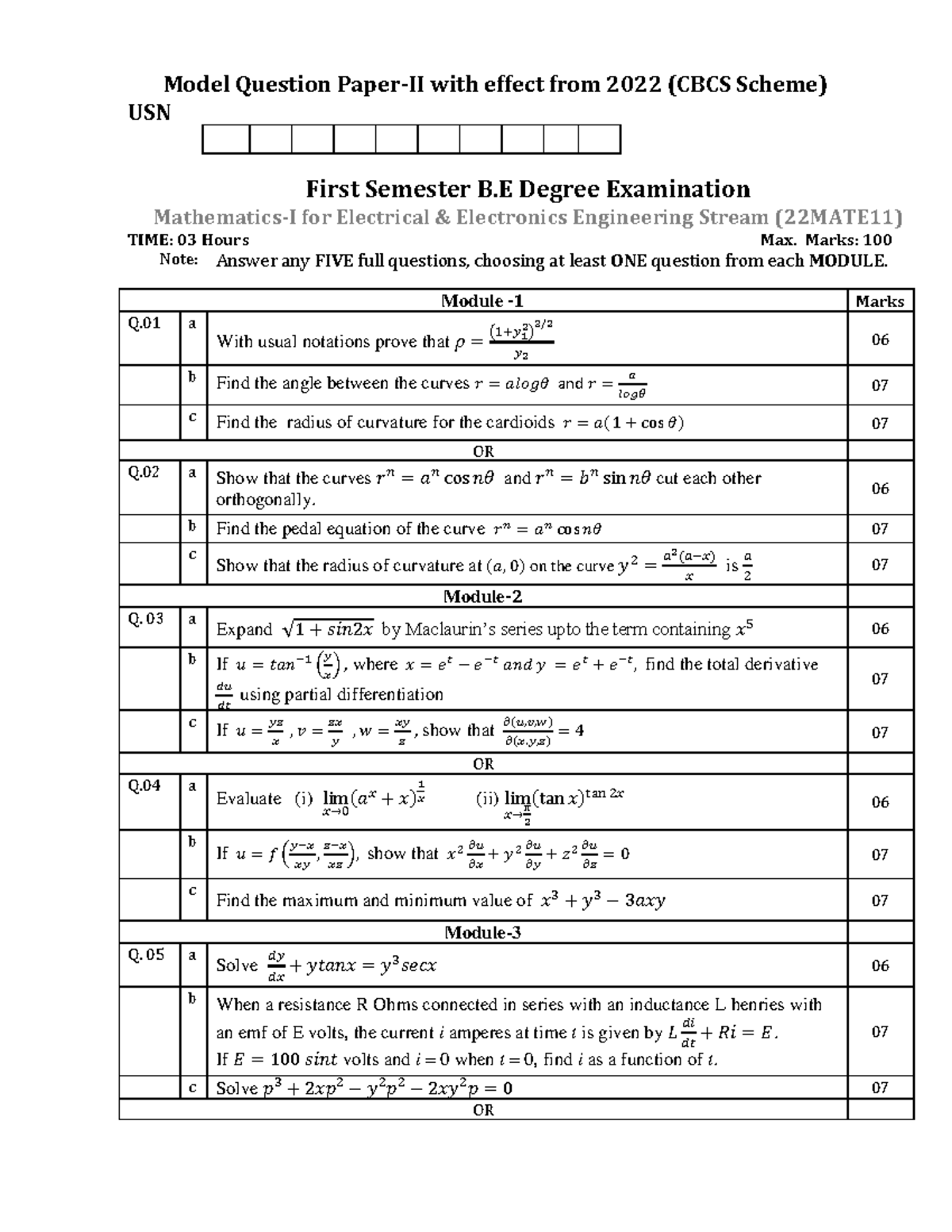 22MATE11set2 - Model Question Paper-II with effect from 2022 (CBCS ...