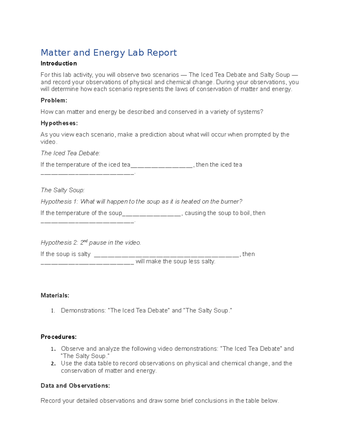 Matter energy lab report - Matter and Energy Lab Report Introduction ...