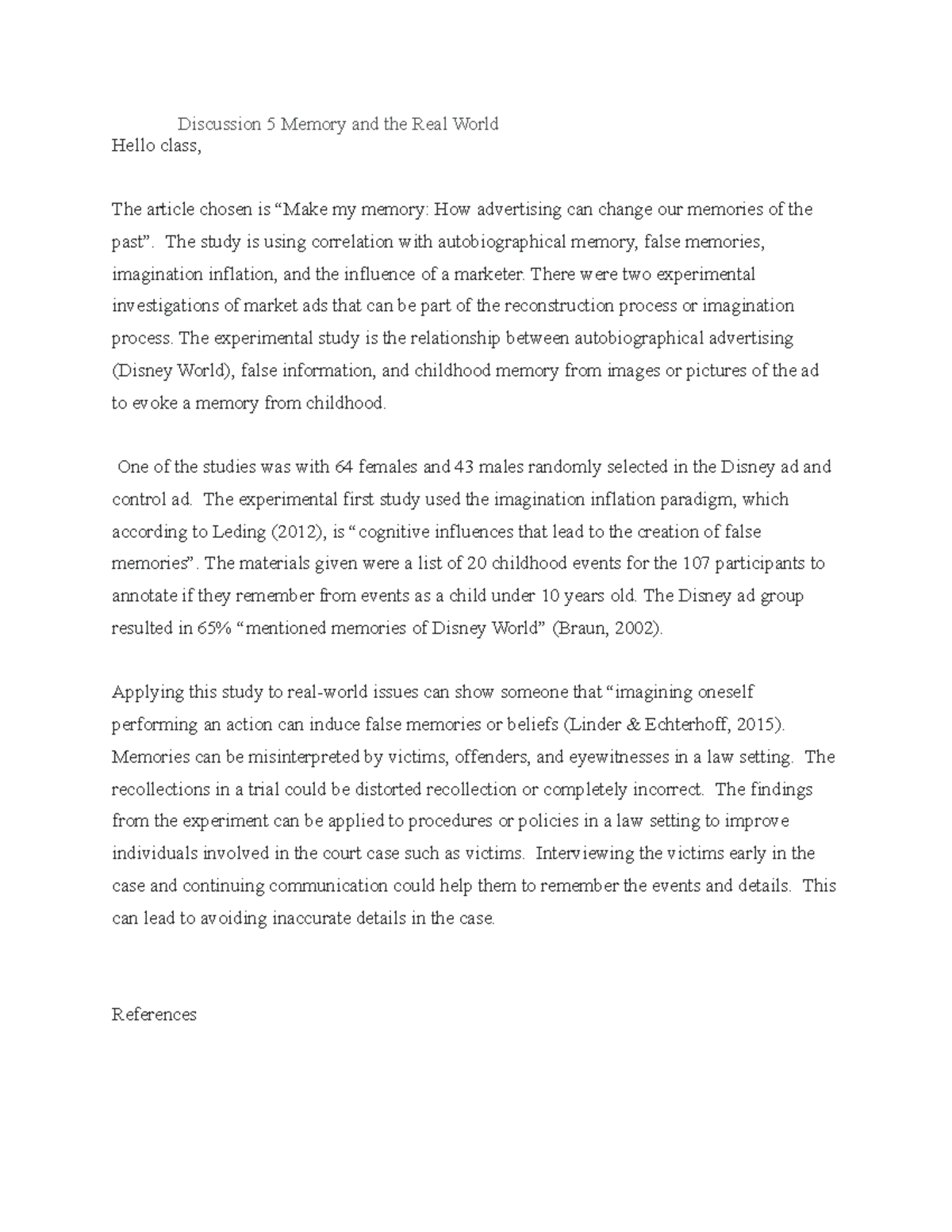 PSY 540 Discussion 5 memory and the real world - Discussion 5 Memory ...