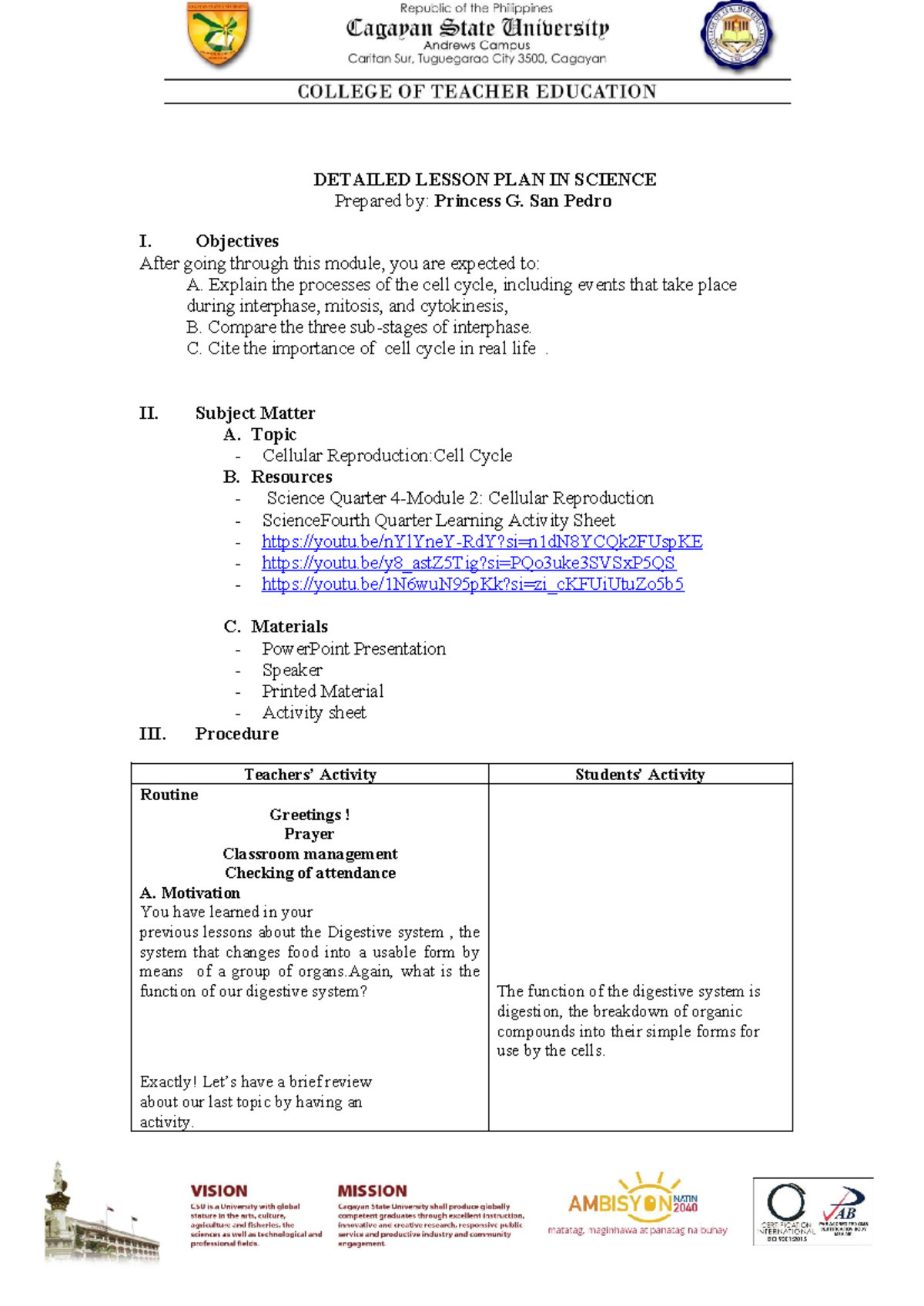 DLP8 G8 CELL Cycle - DETAILED LESSON PLAN IN SCIENCE Prepared by ...