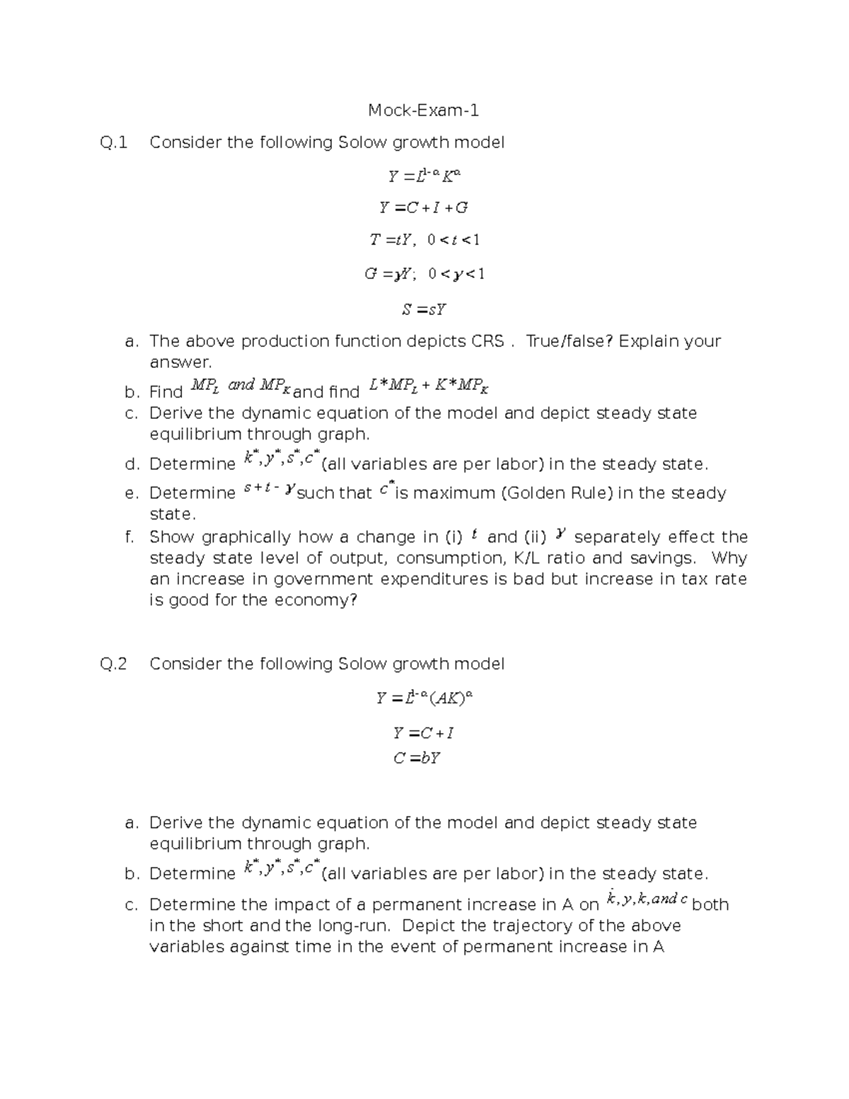 Mock Sessional-1 - lmkk - Mock-Exam- Q Consider the following Solow ...
