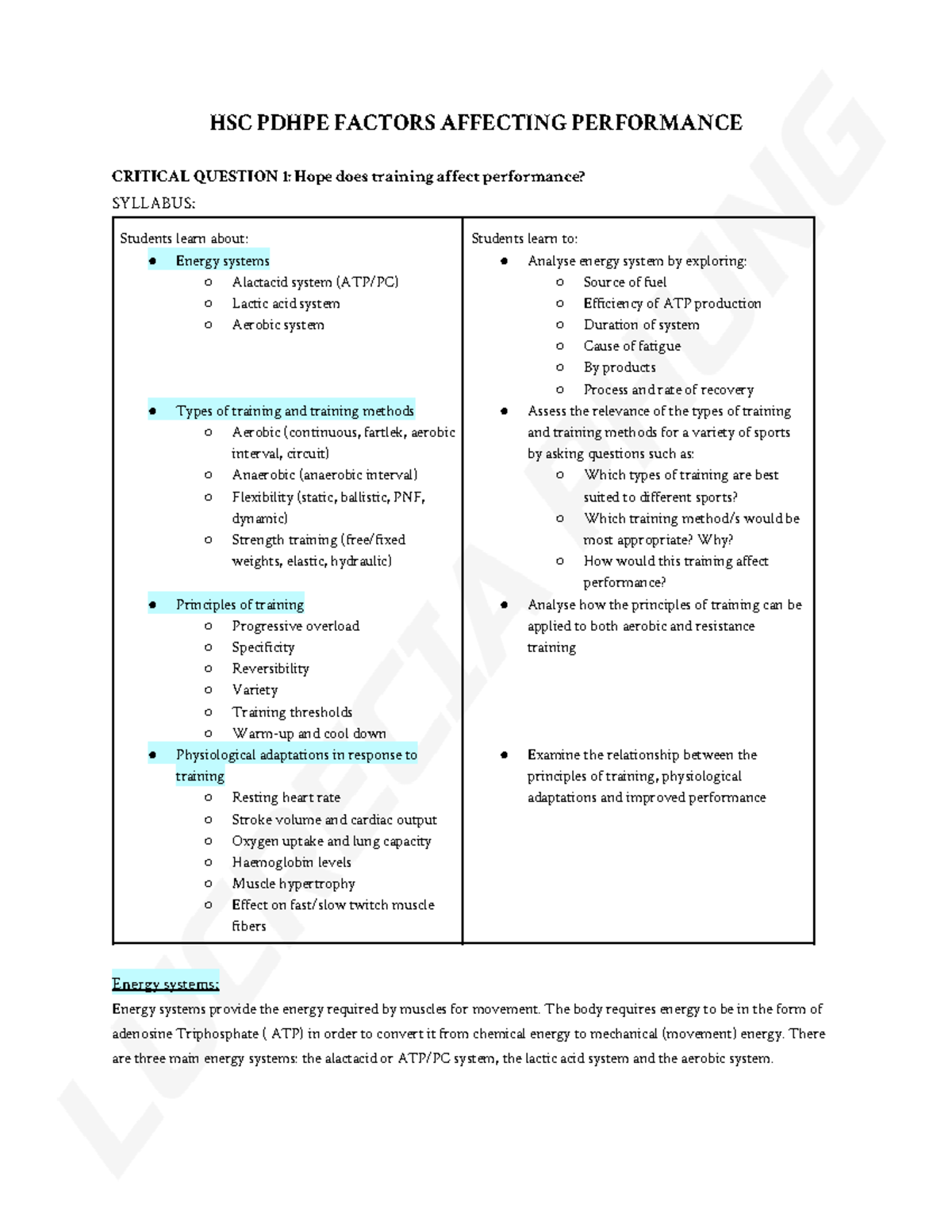 Assessment 1 notes - HSC PDHPE FACTORS AFFECTING PERFORMANCE CRITICAL ...