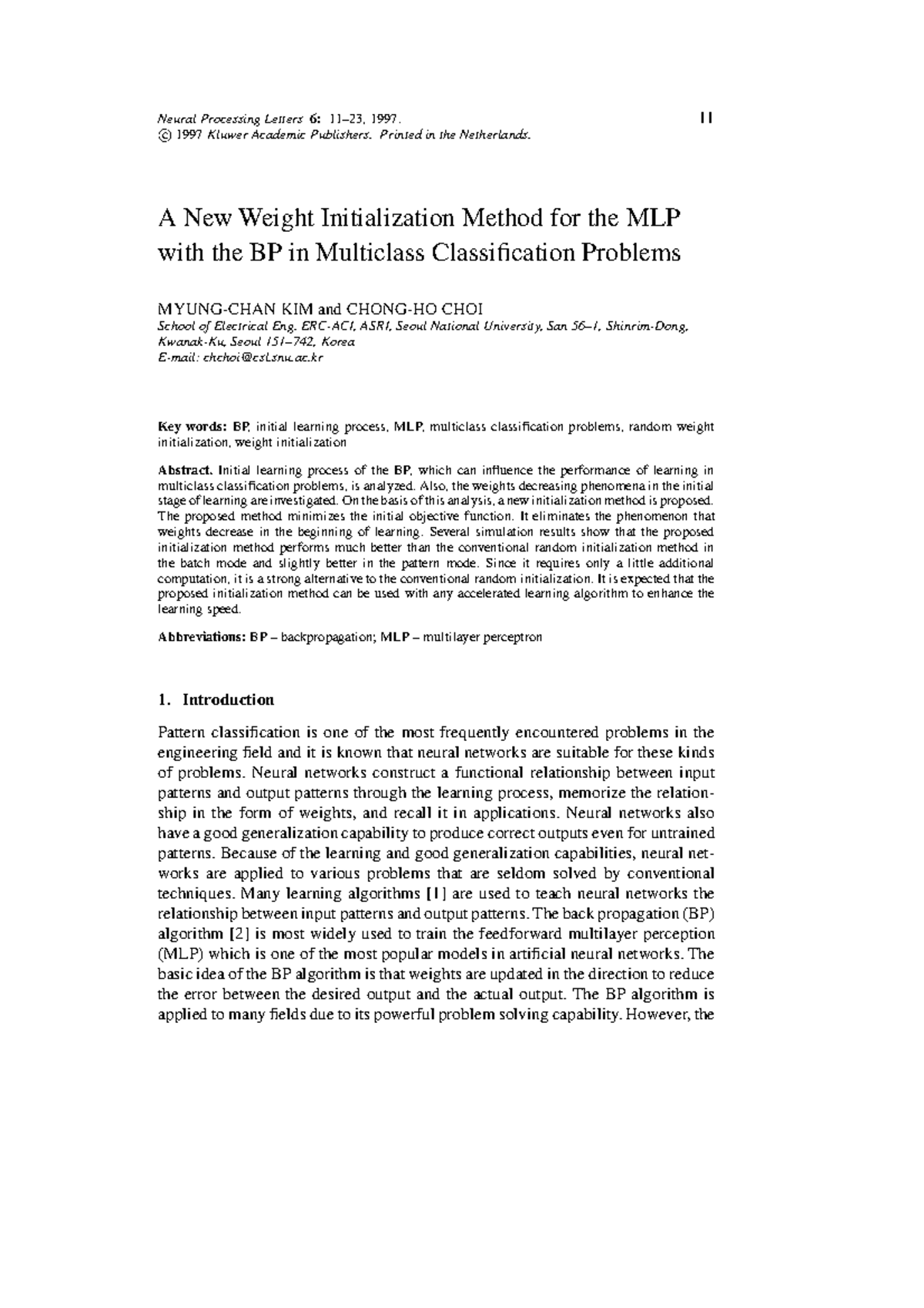 A New Weight Initialization Method For The Mlp With The Bp In Multiclass Classification Problems