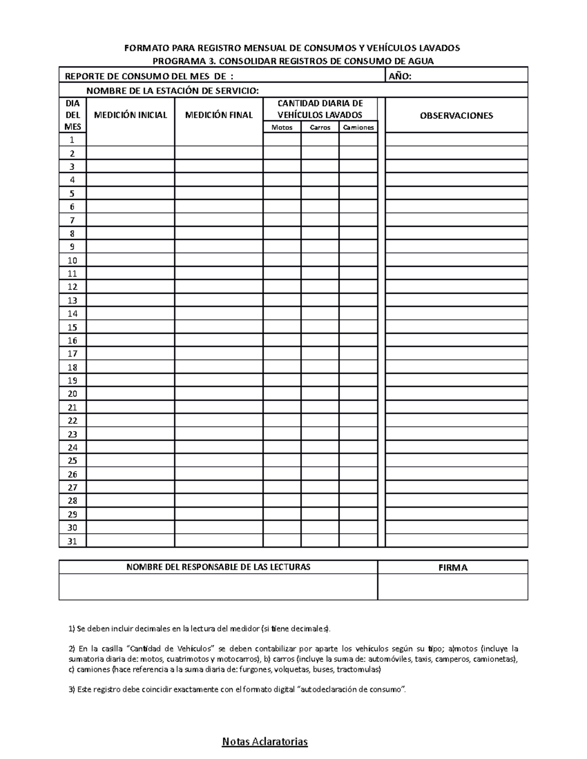 Formato Programa 3. Registro Mensual DE Consumos Y VEHÍ Culos Lavados ...