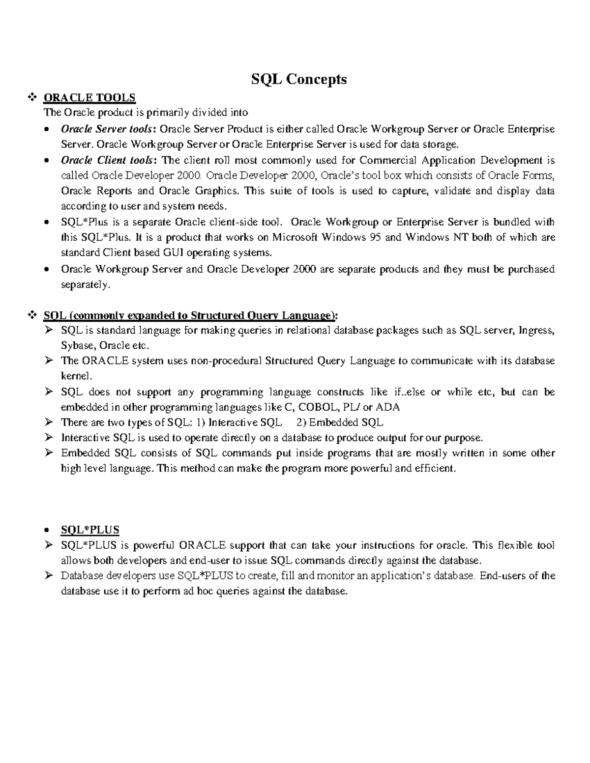 DBMS SQL for Reference - SQL Concepts ORACLE TOOLS The Oracle product ...