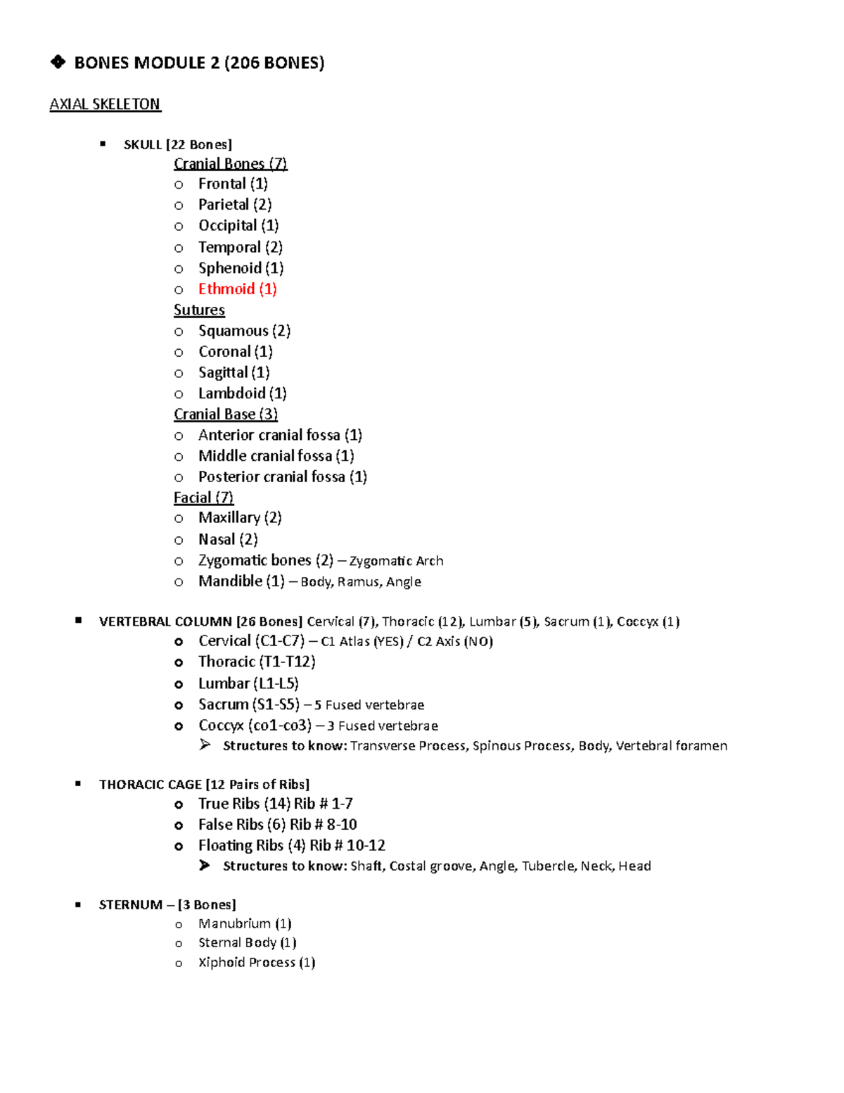 REAL Anatomy 100 – Review Sheet - BONES MODULE 2 (206 BONES) AXIAL ...