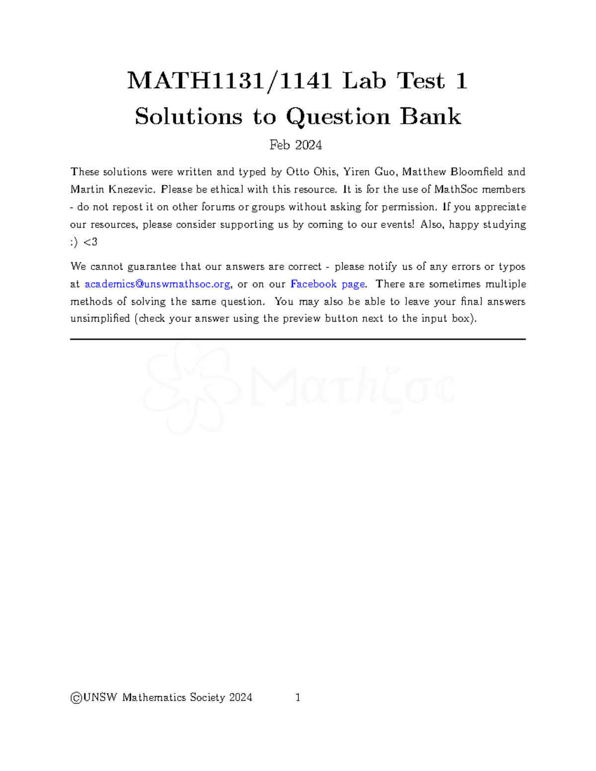 Math Lab Test question bank - MATH1131/1141 Lab Test 1 Solutions to ...