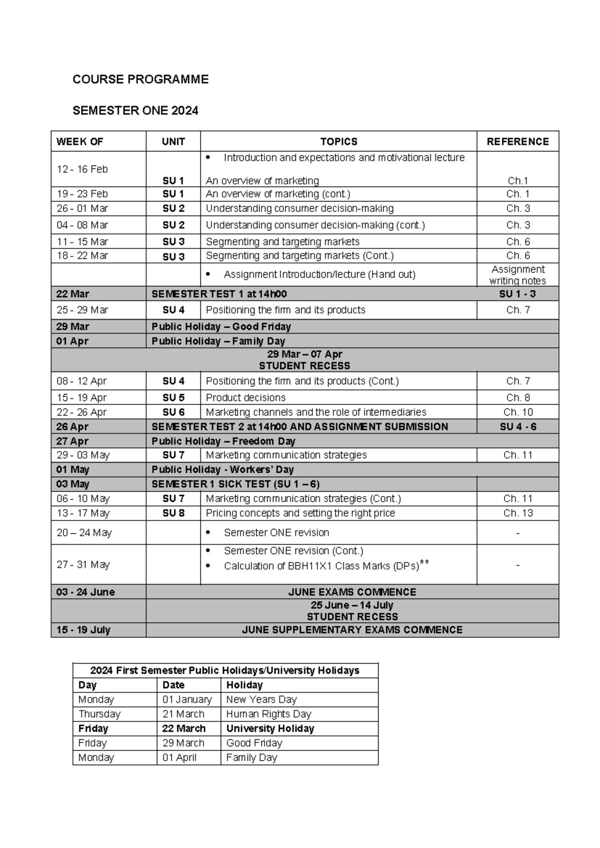 BBH11X1 Course schedule - 2024 - COURSE PROGRAMME SEMESTER ONE 2024 ...