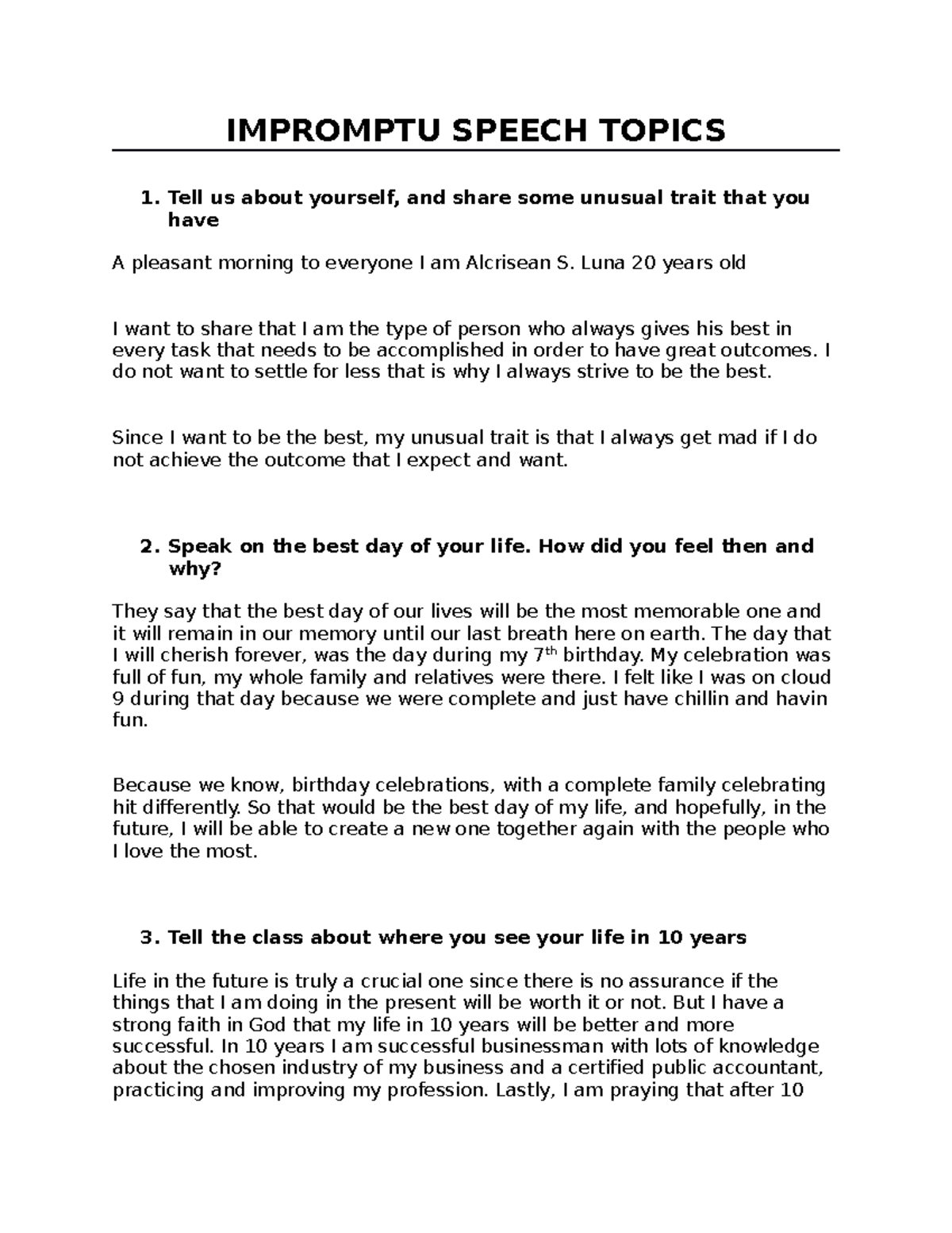 Impromptu topics - IMPROMPTU SPEECH TOPICS Tell us about yourself, and ...