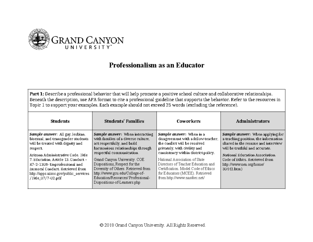 ELM-250 Topic 1 assignment - Professionalism as an Educator Part 1 ...