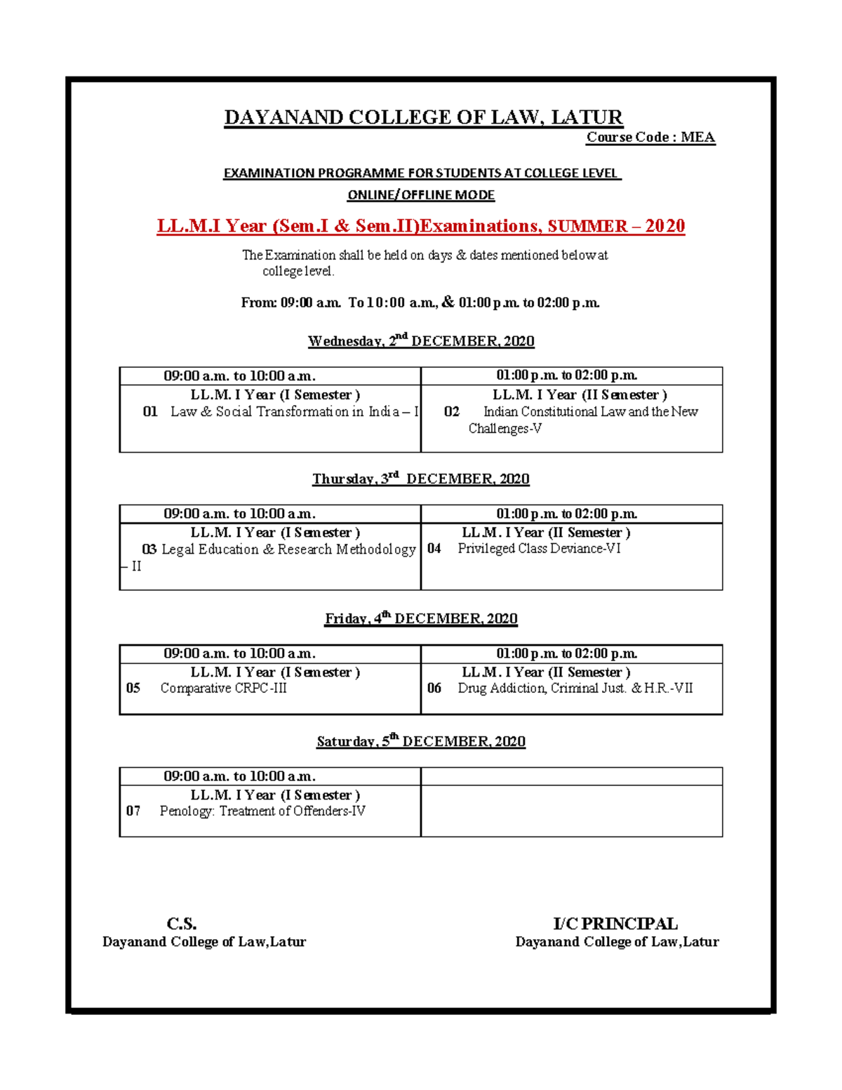 Revised Final Time Table 2020 - DAYANAND COLLEGE OF LAW, LATUR Course ...
