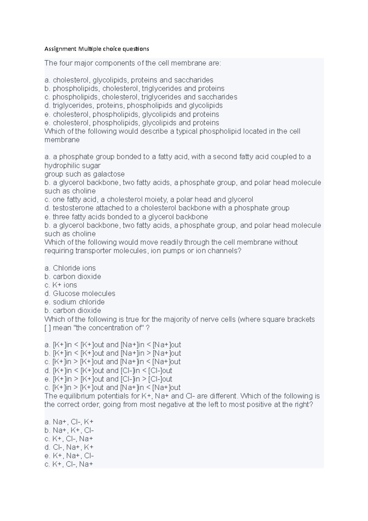 Assignment Multiple choice questions - cholesterol, glycolipids ...