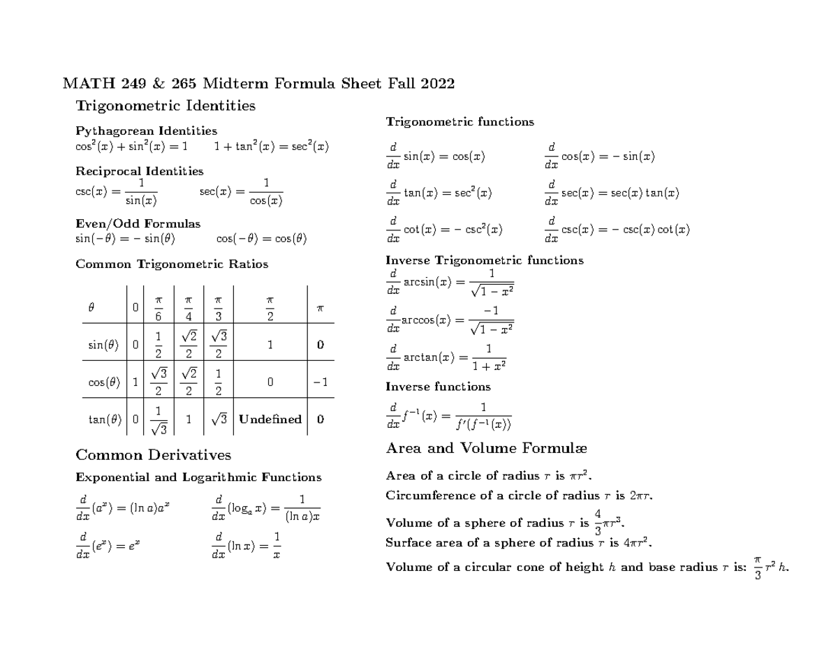 249 265 mt formula sheet - MATH 249 & 265 Midterm Formula Sheet Fall 2022 Trigonometric - Studocu