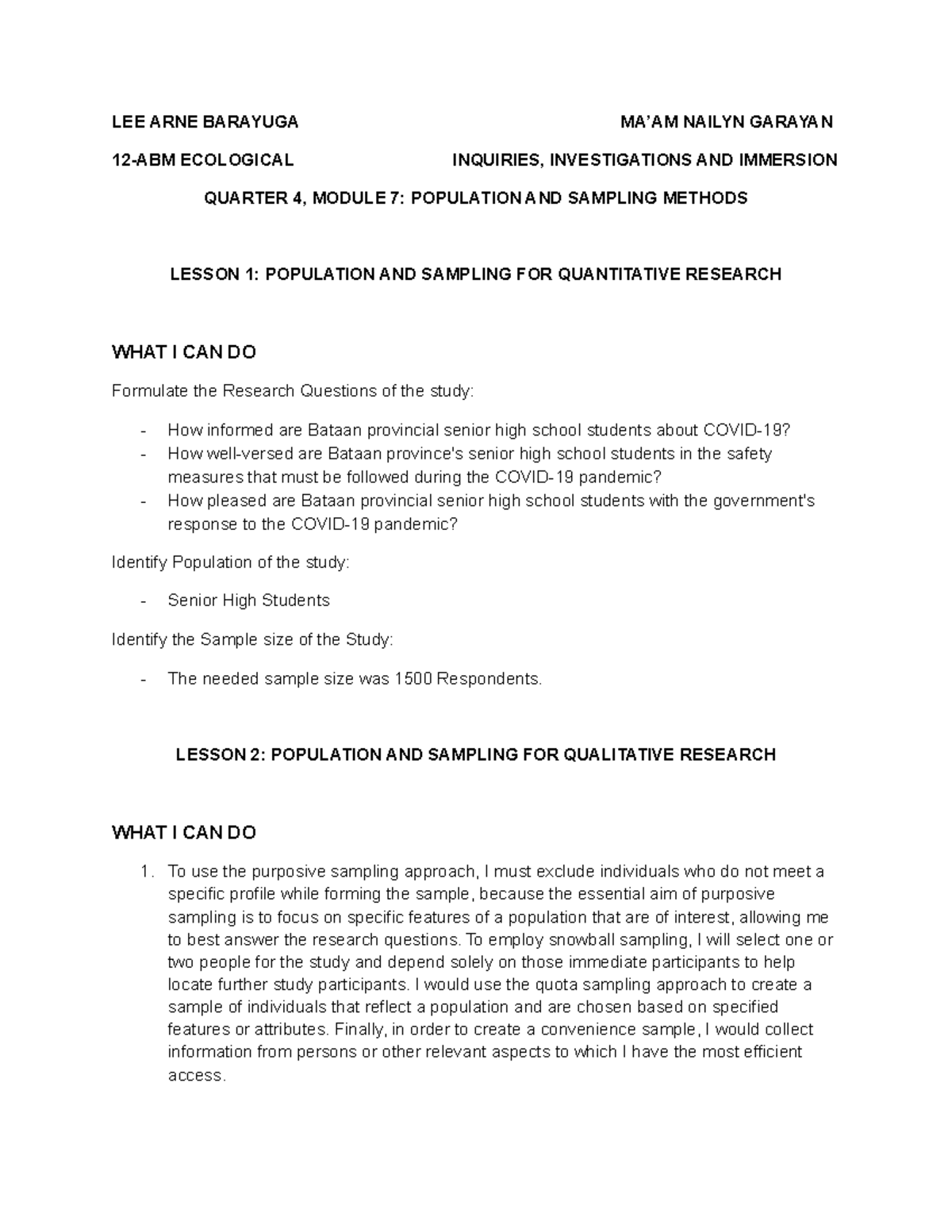 3IS Module 7 Population AND Sampling Methods - LEE ARNE BARAYUGA MA’AM ...