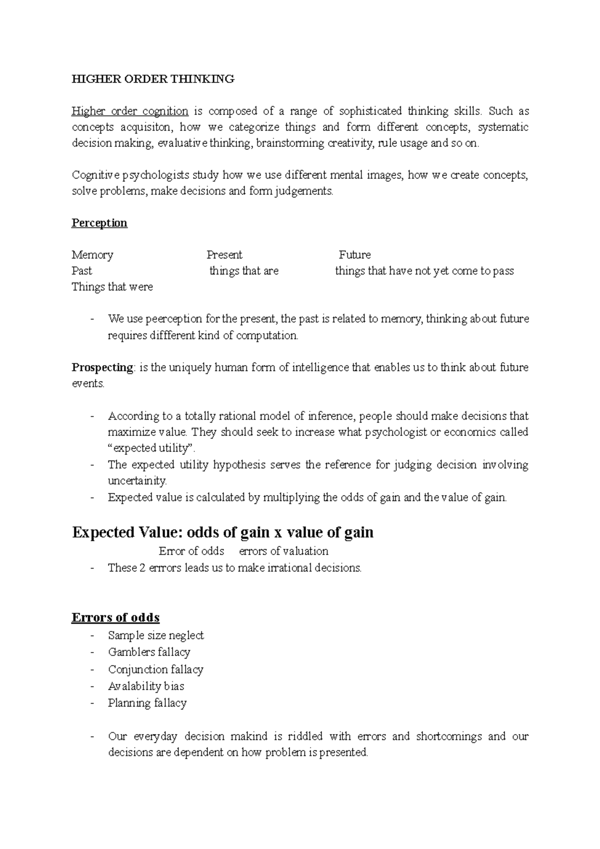 PSY101 Lecture Notes Higher Order Thinking - HIGHER ORDER THINKING ...