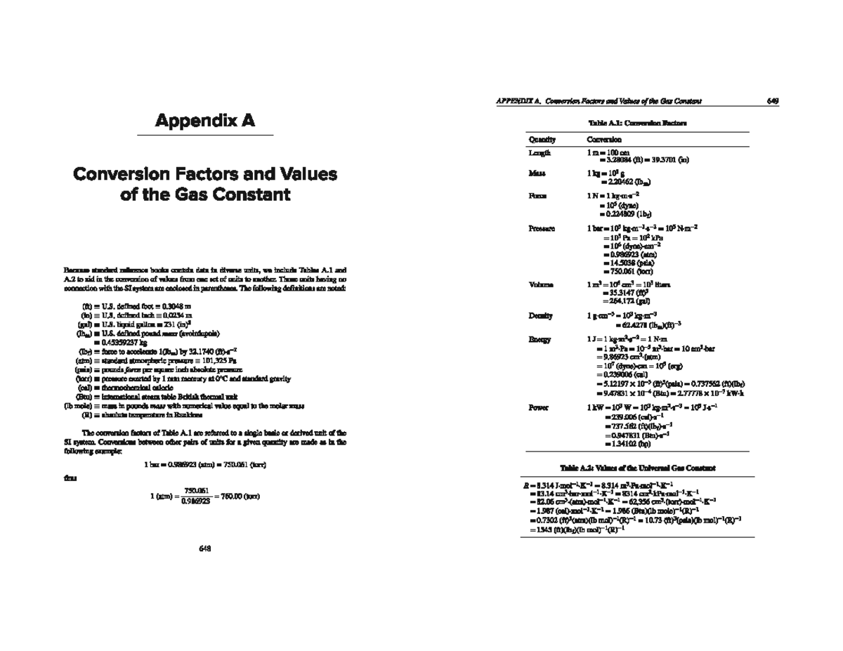 Van Ness Appendices - APPENDIX A. Conversion Factors and Values of the Gas Constant 649 Appendix ...