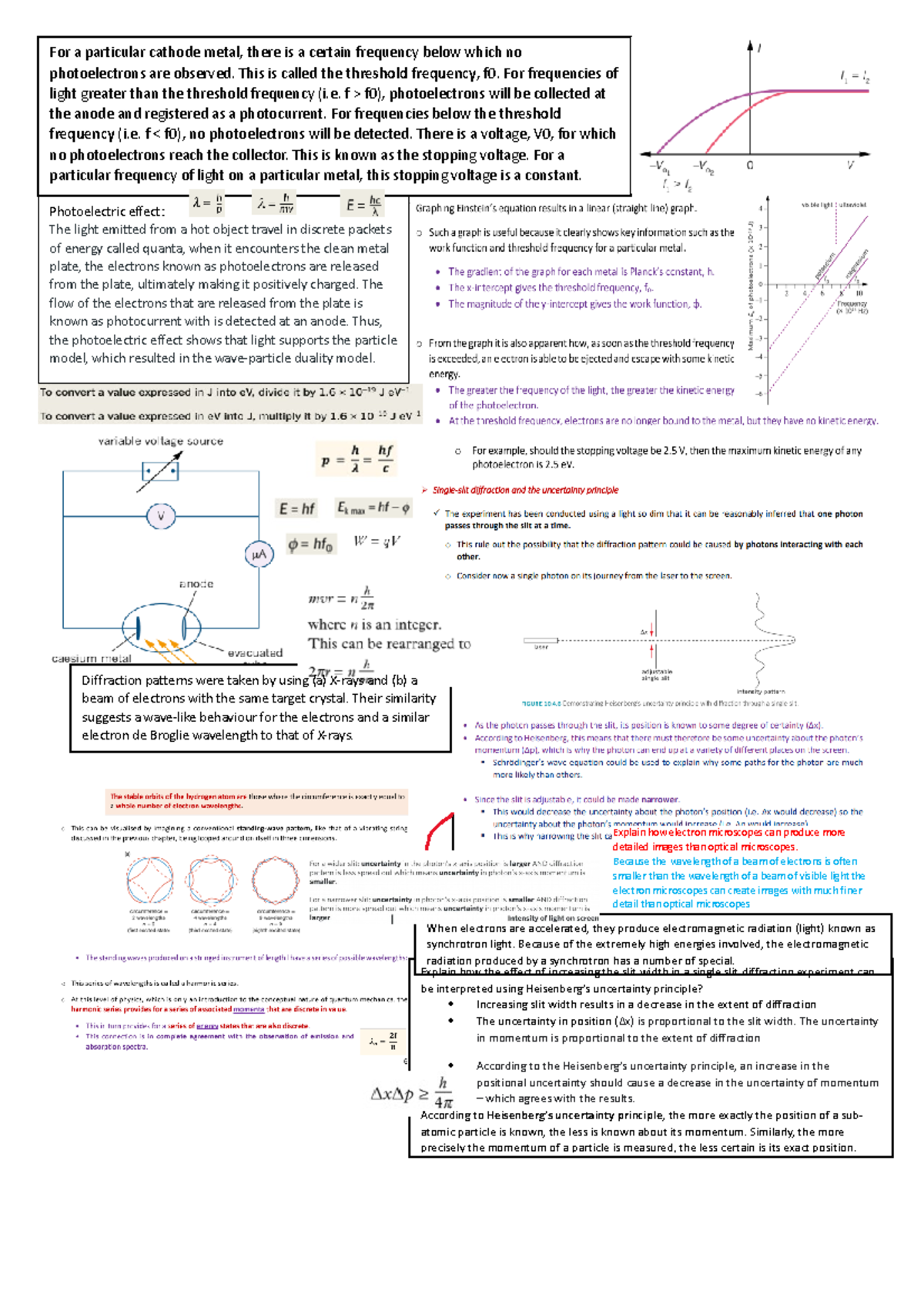 Light and matter cheat sheet - For a particular cathode metal, there is ...