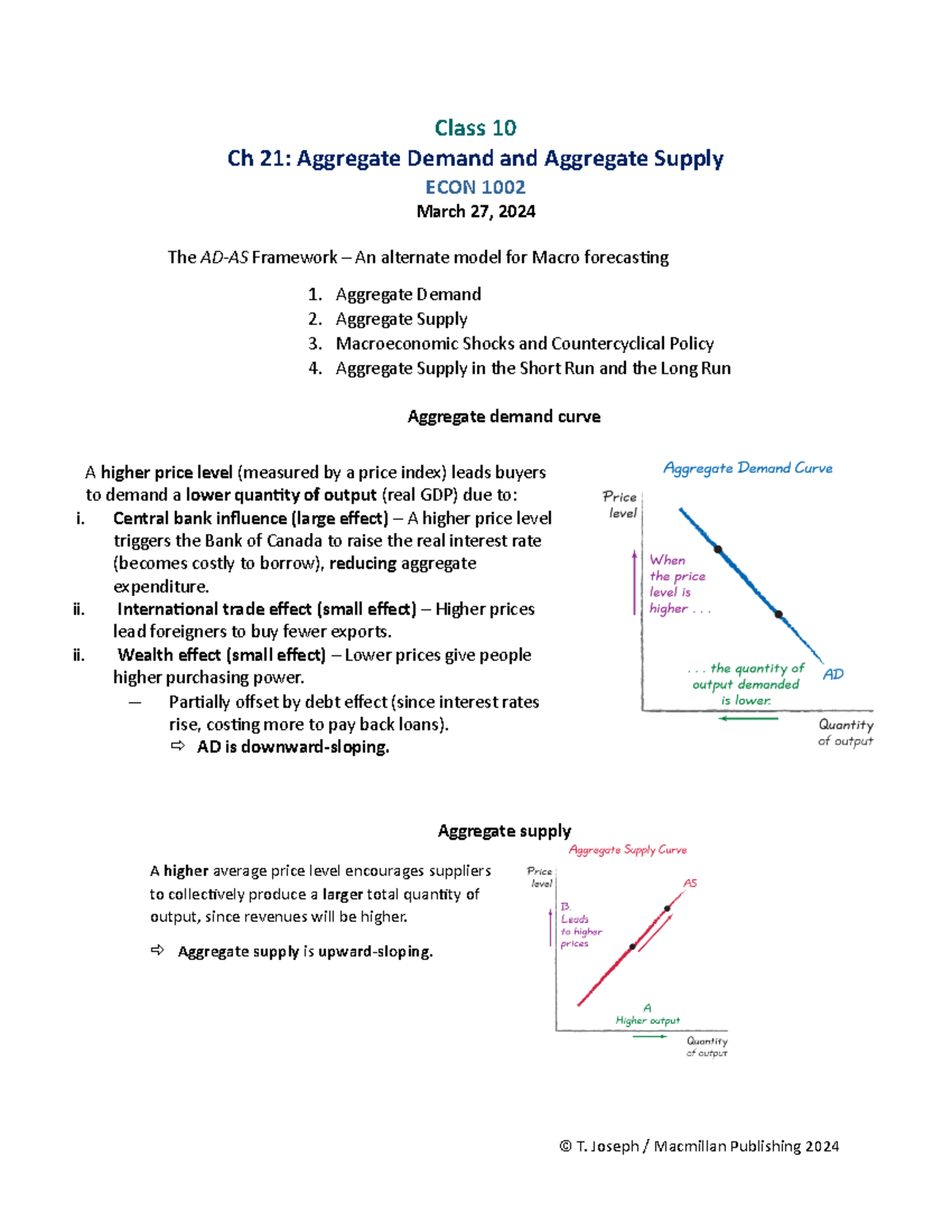 Notes 10 (Marco) - Class 10 Ch 21 : Aggregate Demand and Aggregate ...