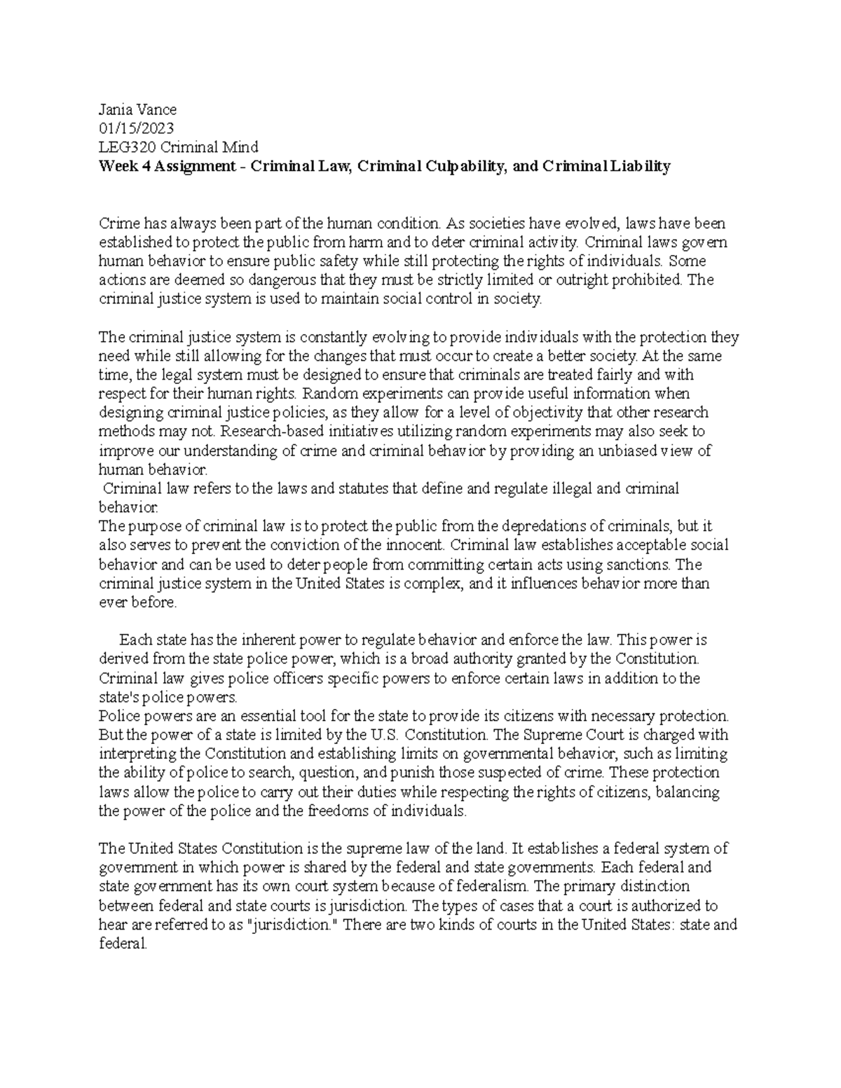 Week 4 Assignment - Criminal Law, Criminal Culpability, and Criminal ...