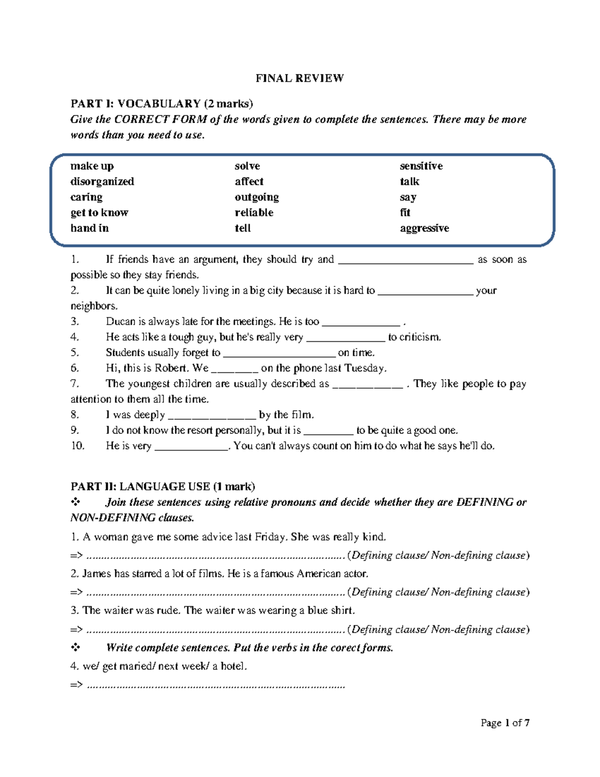 Final Review - ỀWSWF - FINAL REVIEW PART I: VOCABULARY (2 marks) Give ...