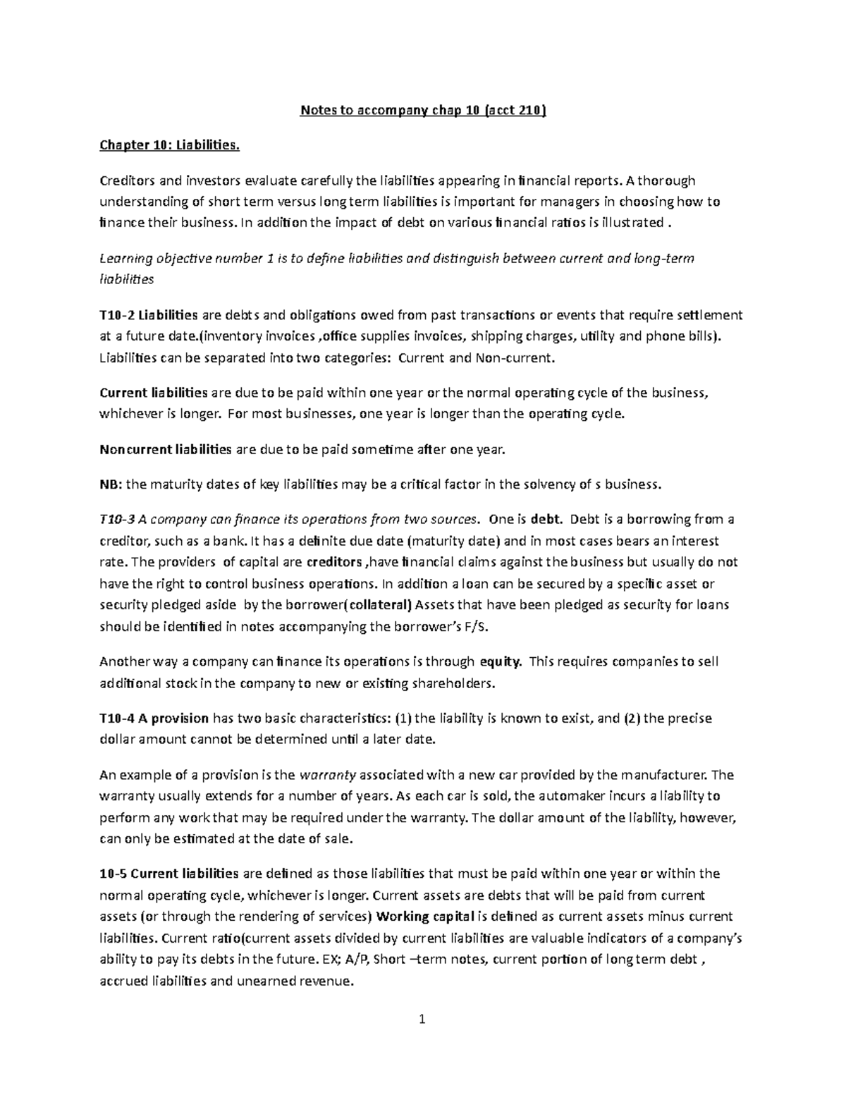 Notes Chapter 10 - onnono - Notes to accompany chap 10 (acct 210 ...
