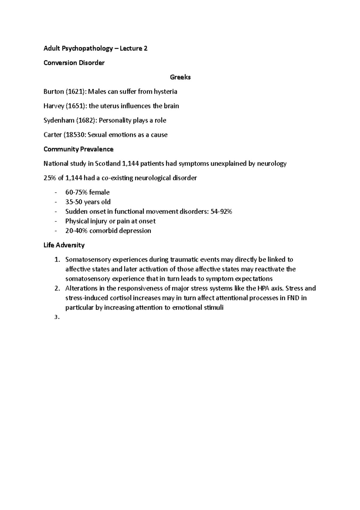 2. Coversion Disorder - Lecture notes 1 - Adult Psychopathology ...