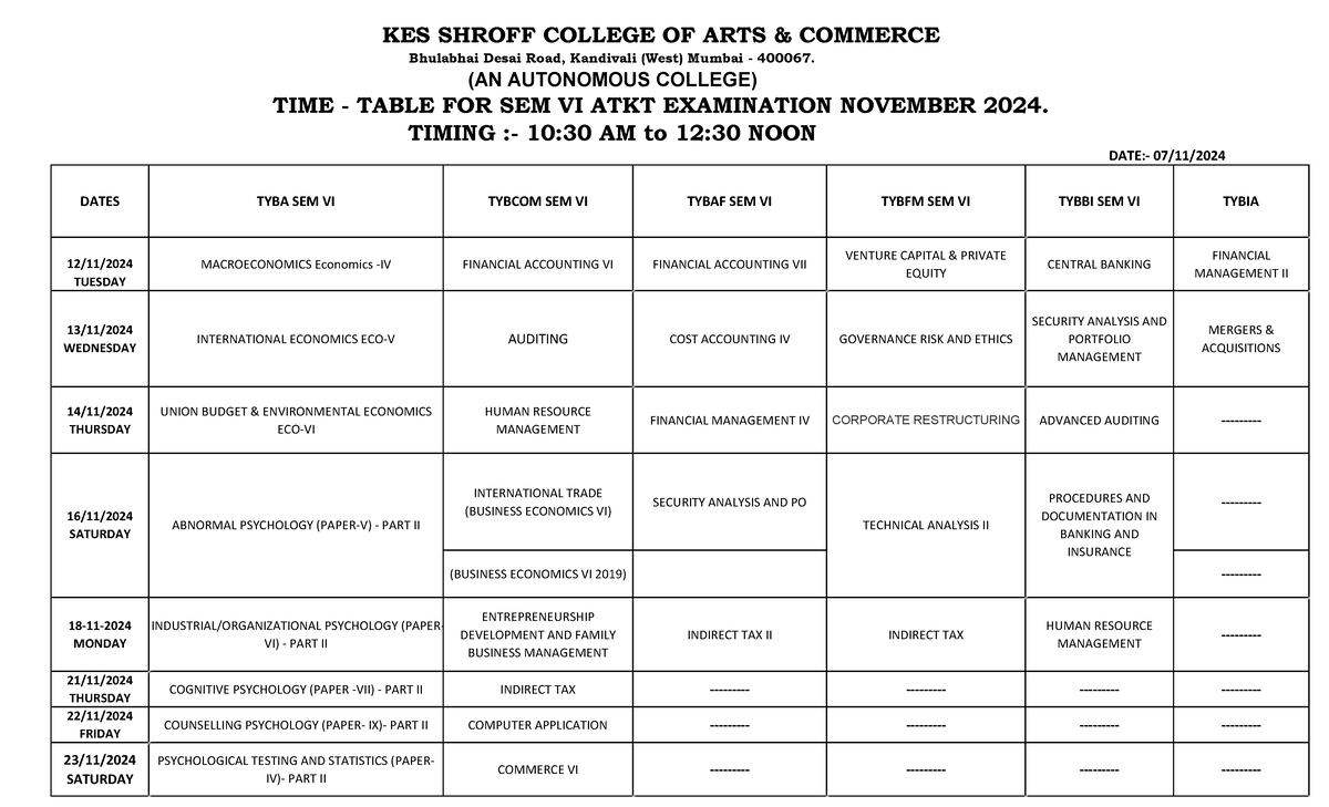 TY SEM VI ATKT EXAM Timetable November 2024 - DATES TYBA SEM VI TYBCOM ...