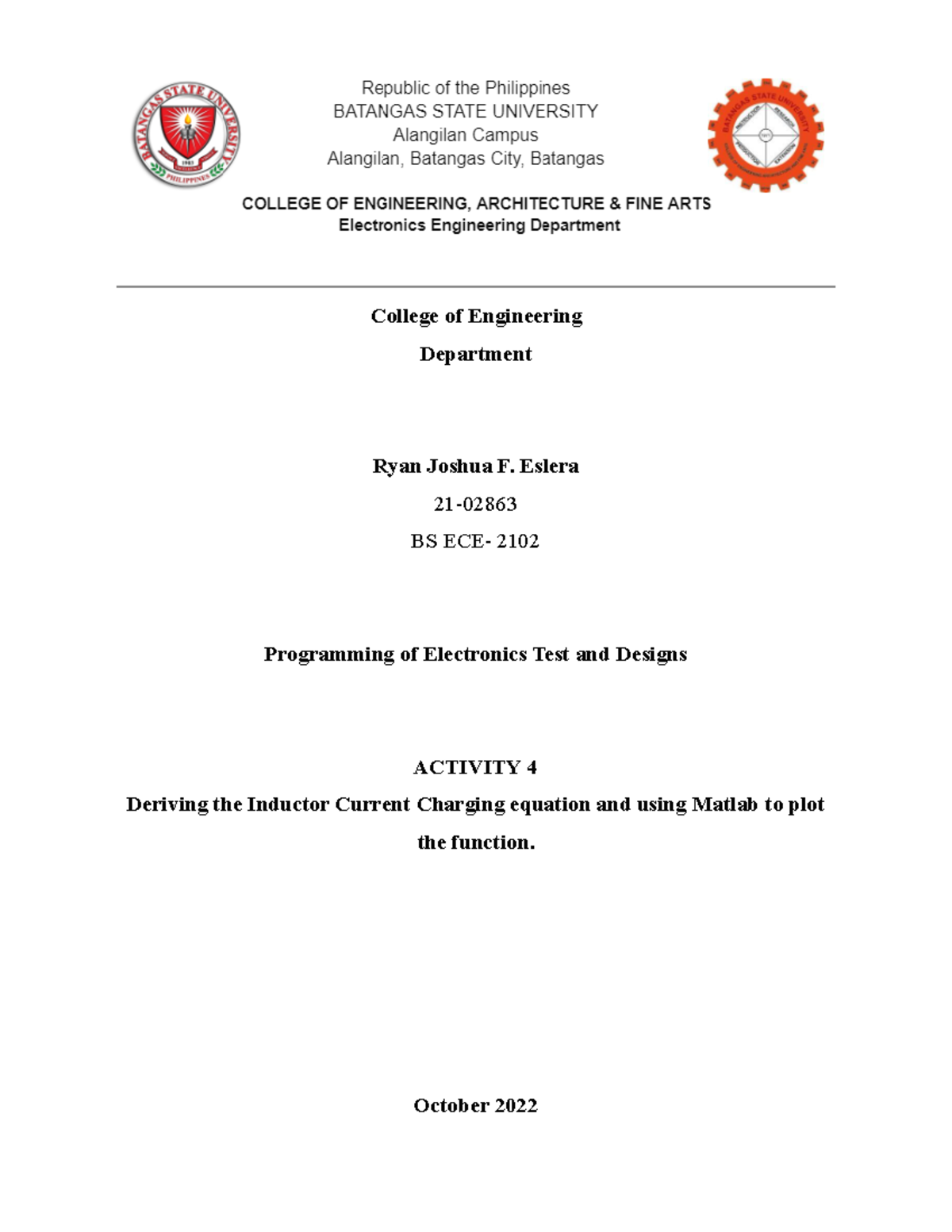 Activity 4 Deriving the Inductor Current Charging equation and using Matlab to plot the function ...