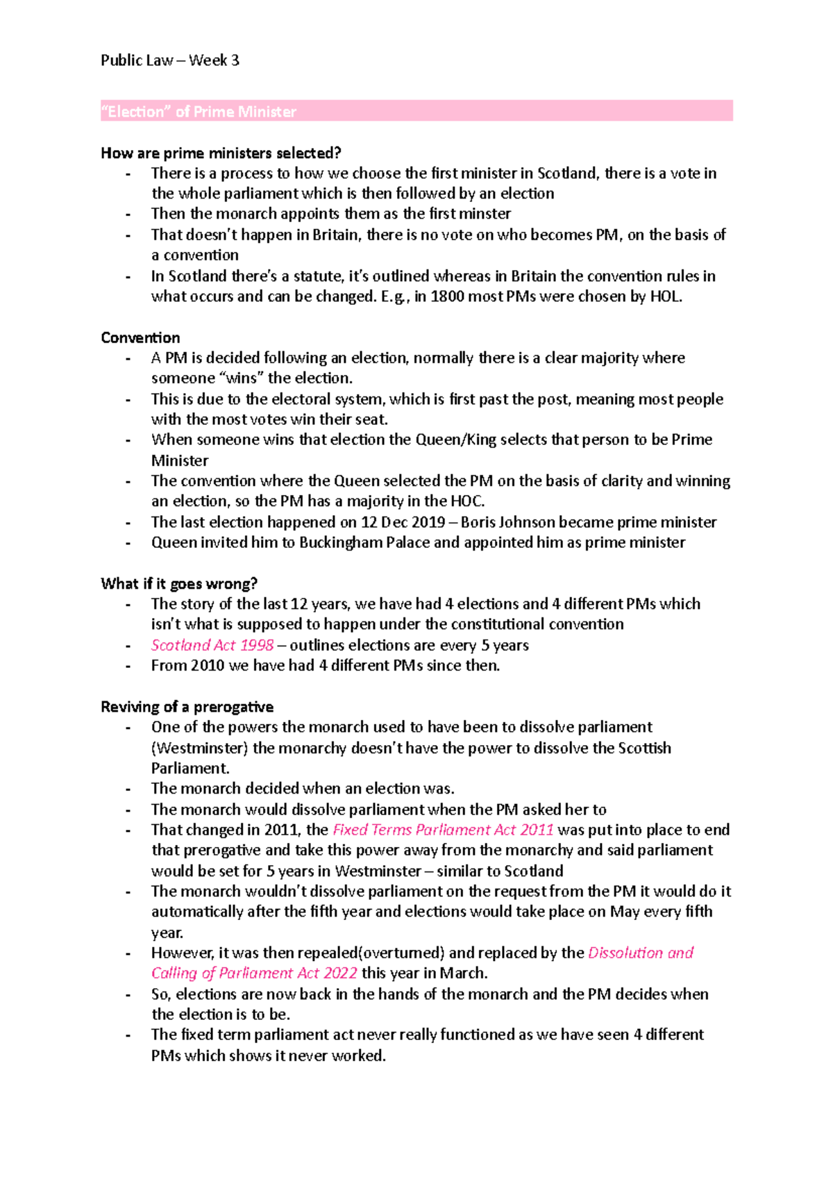 Election of PM - Notes from lecture, included cases and examples ...