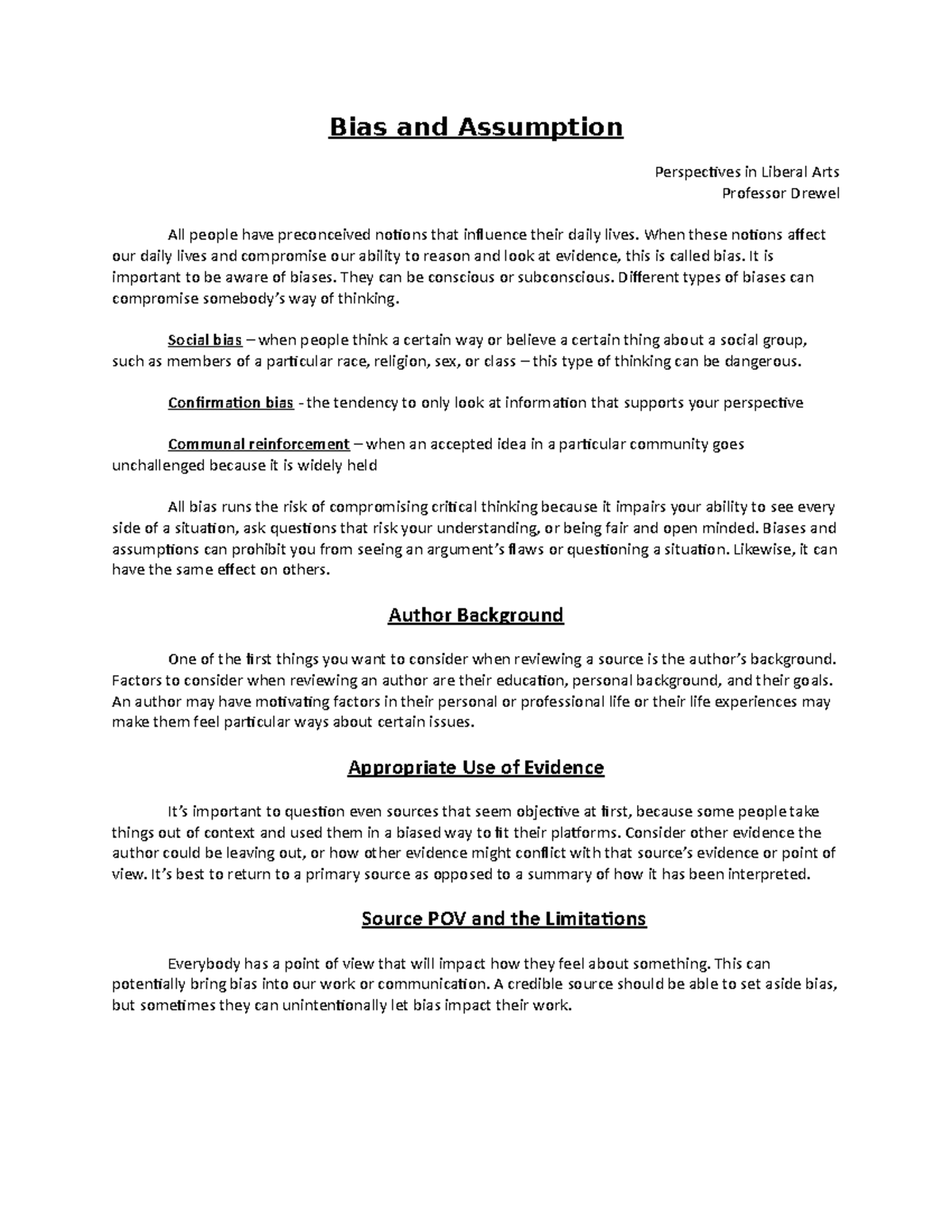 Bias and Assumption Notes - Bias and Assumption Perspectives in Liberal ...