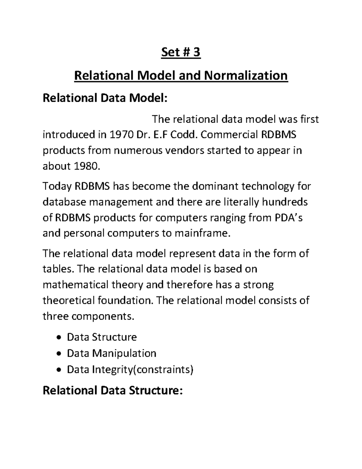 Relational Model and Normalization - introduction to data base - UCP - Studocu