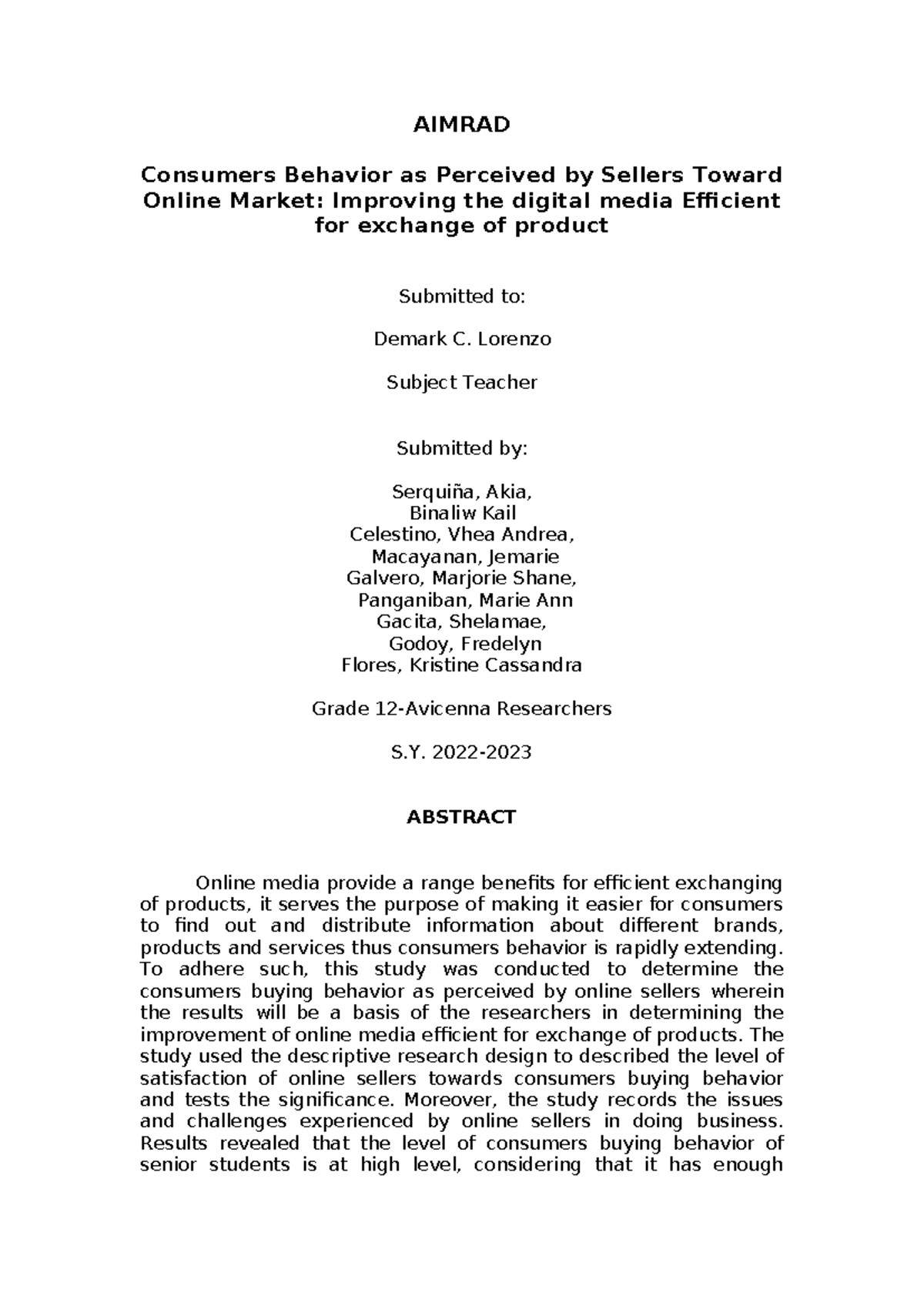 Reseach summarize - research from senior student - AIMRAD Consumers ...