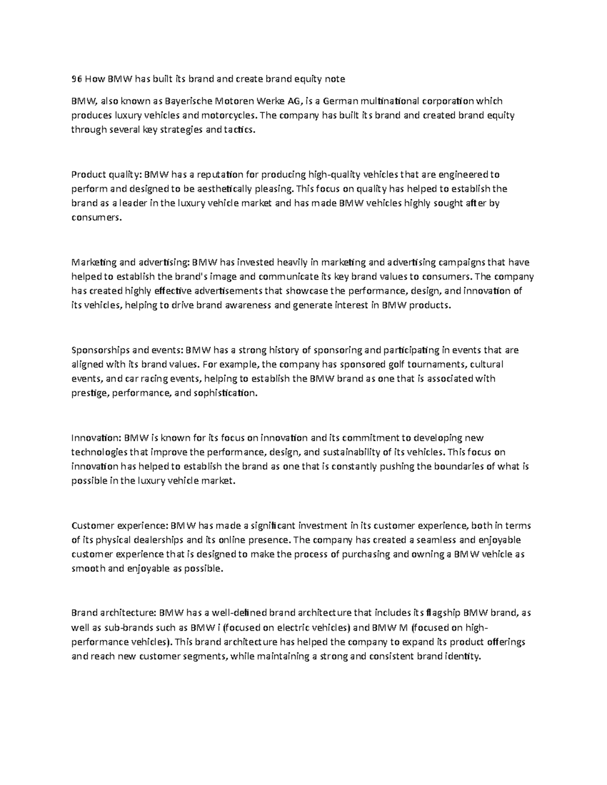 96 How BMW has built its brand and create brand equity note - The ...