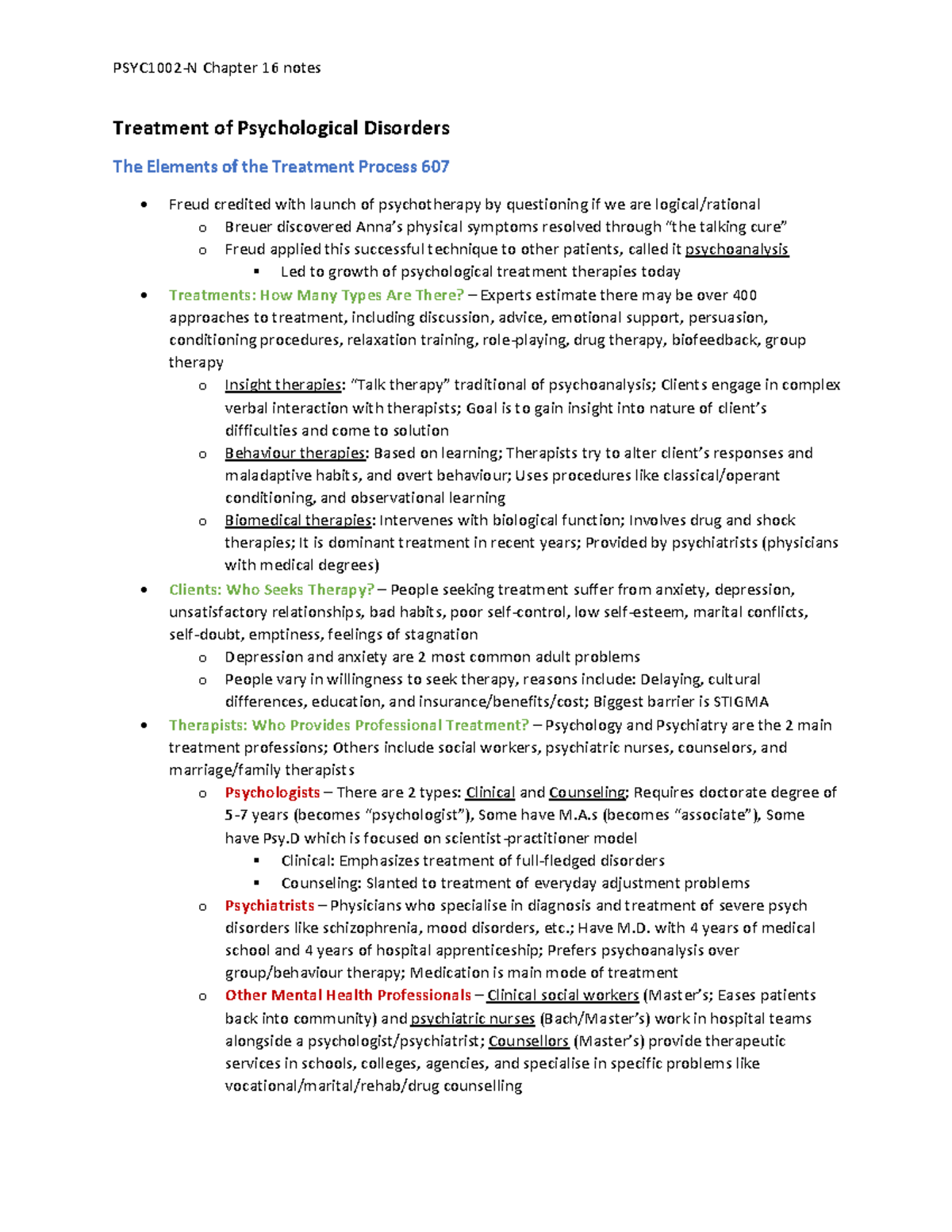 Chapter 16 notes - Treatment of Psychological Disorders The Elements of ...