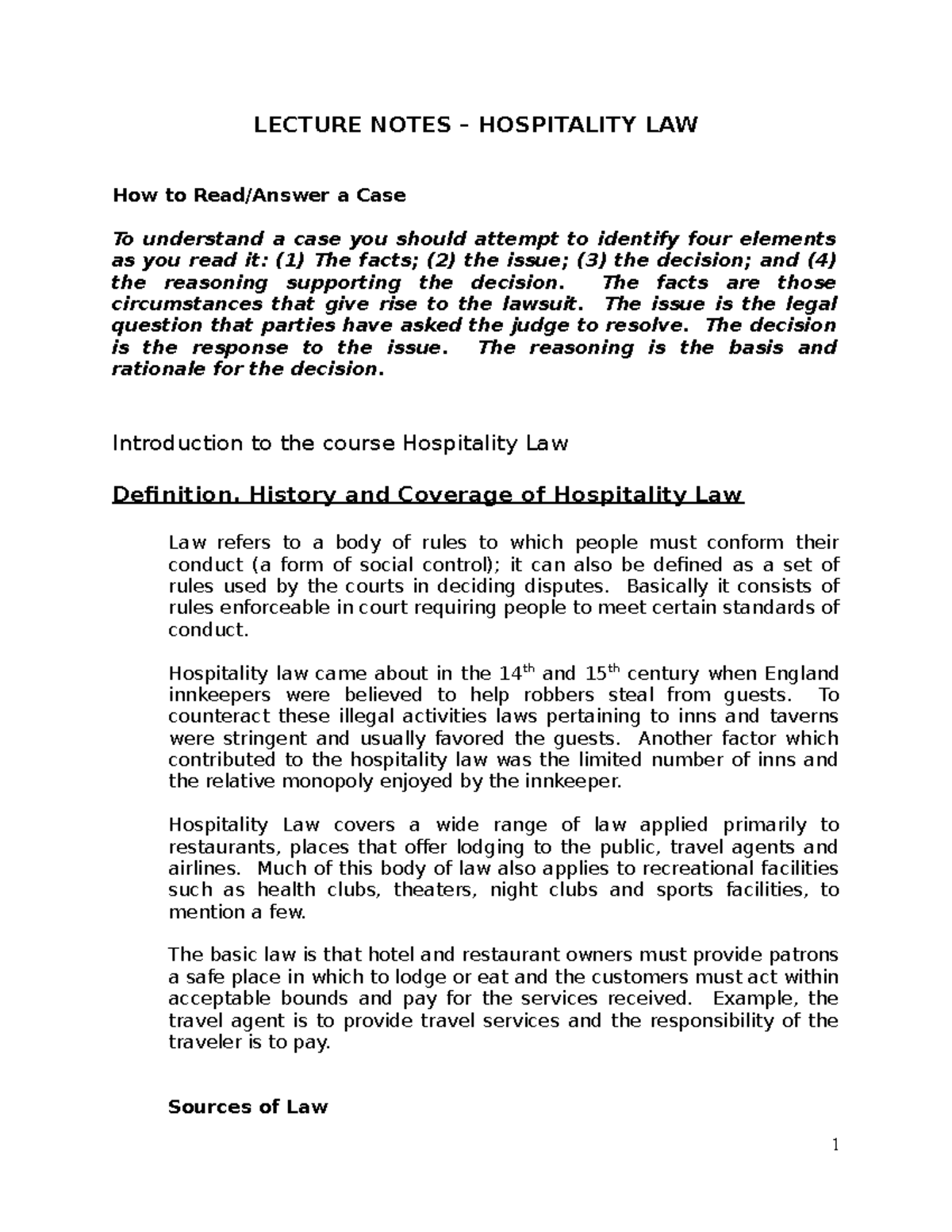 Hospitality Law Lecture Notes - LECTURE NOTES – HOSPITALITY LAW How to ...