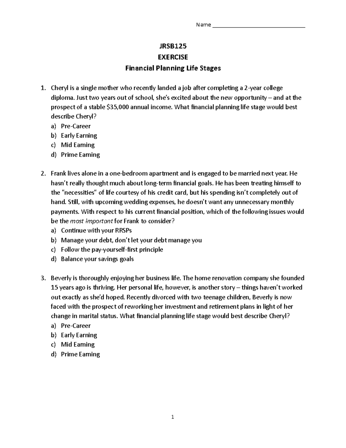 Financial Planning Life Stages Student - Name ...