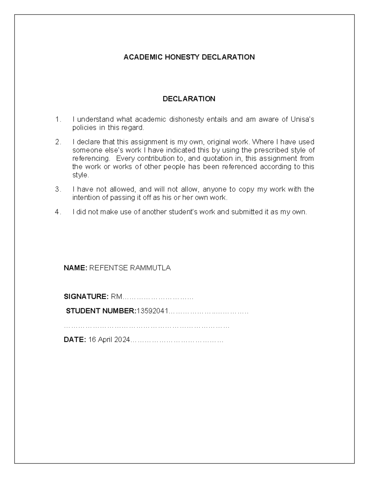 Academic Honesty Declaration LJU4804 Assignment - ACADEMIC HONESTY ...