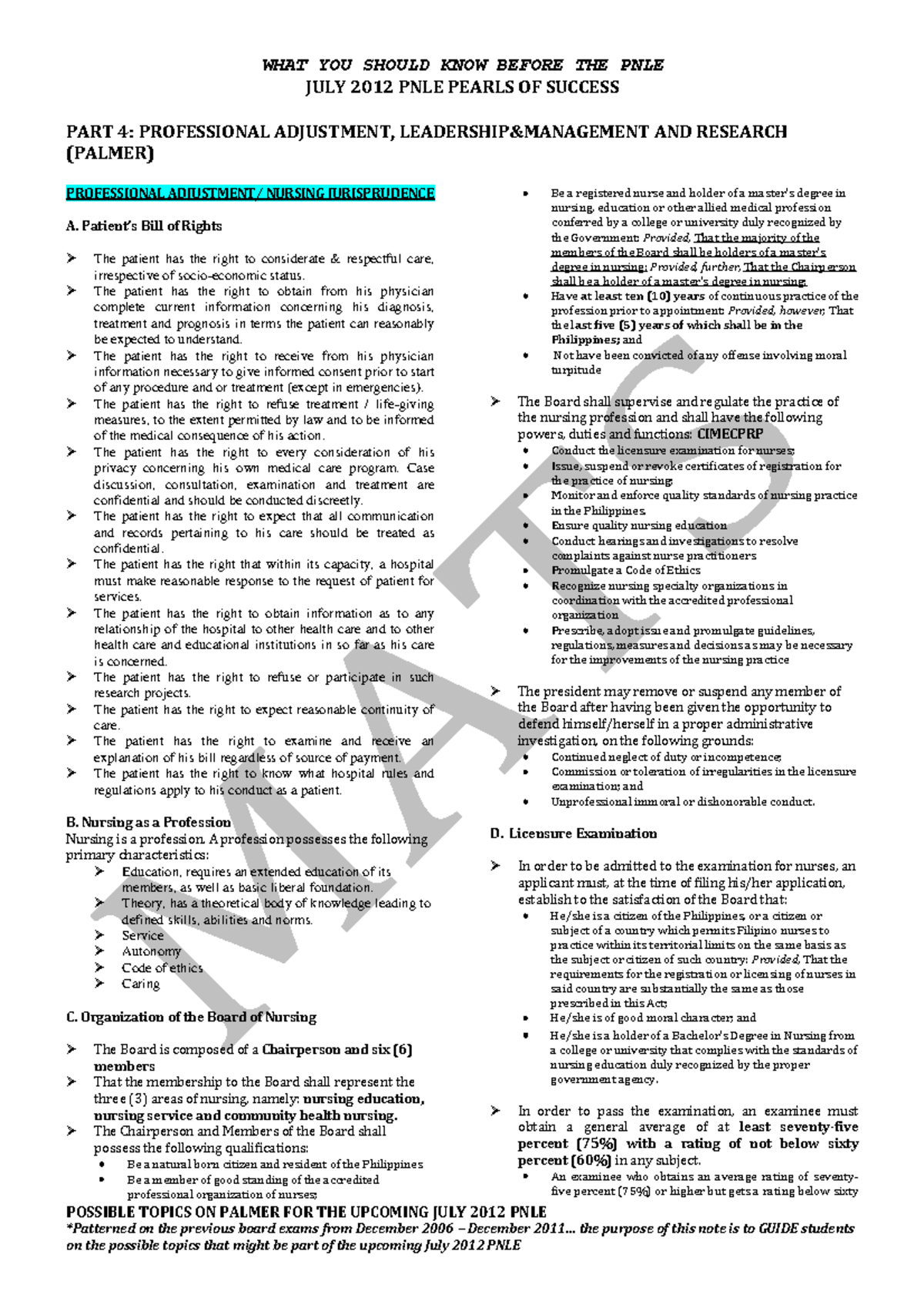 Palmar - FOR PNLE BOARD EXAM - JULY 2012 PNLE PEARLS OF SUCCESS PART 4 ...