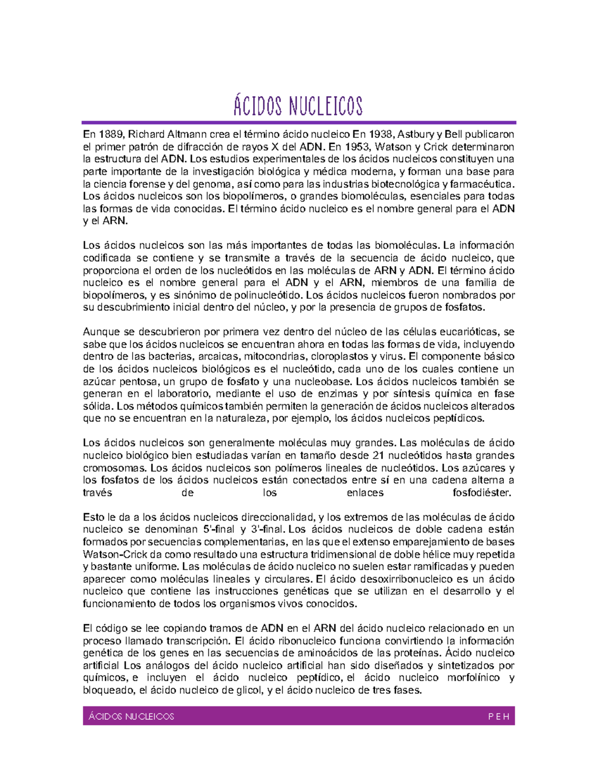 Ácidos nucleicos - ART - ÁCIDOS NUCLEICOS P E H ÁCIDOS NUCLEICOS En ...