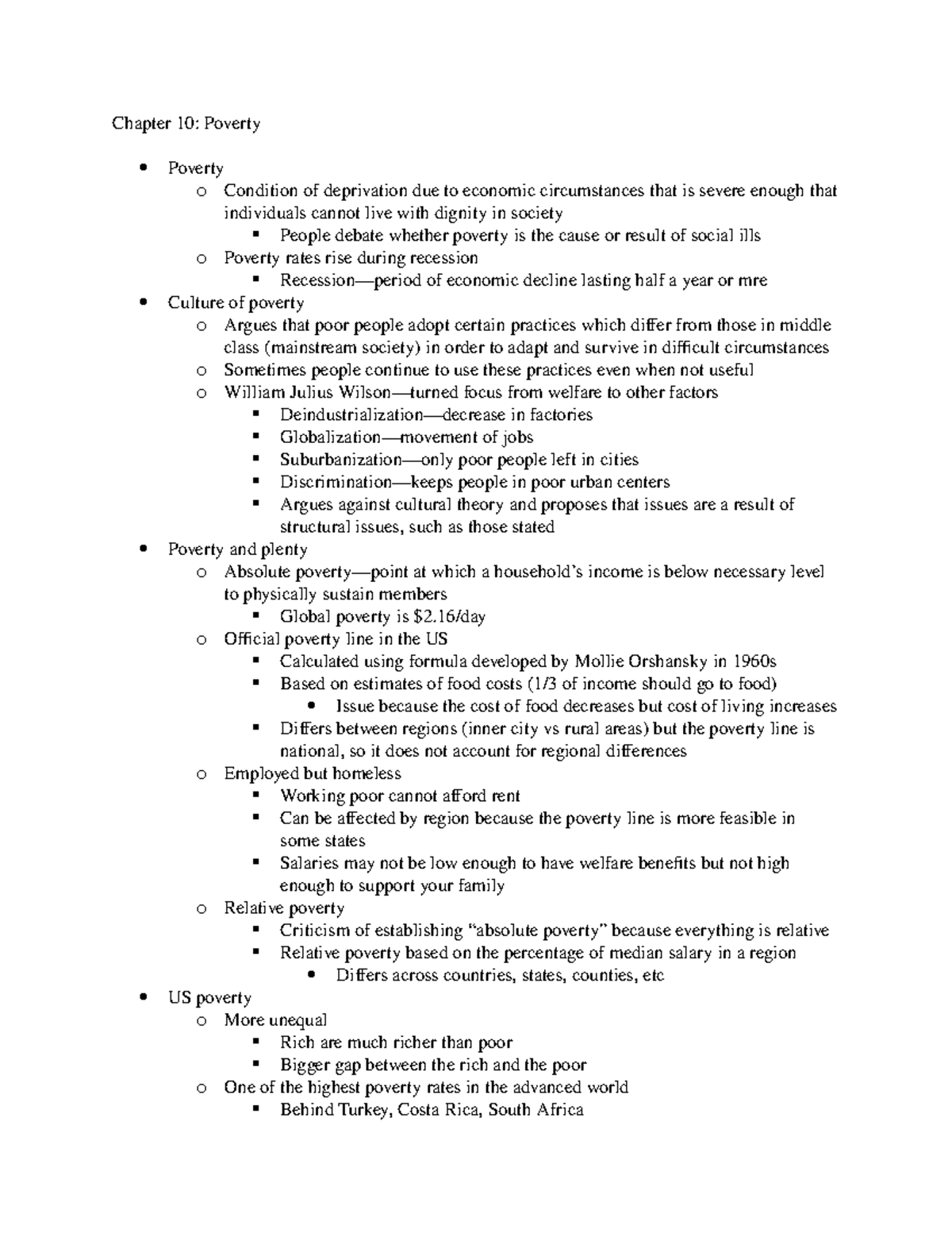 Chapter 10-Poverty - Chapter 10: Poverty Poverty o Condition of ...