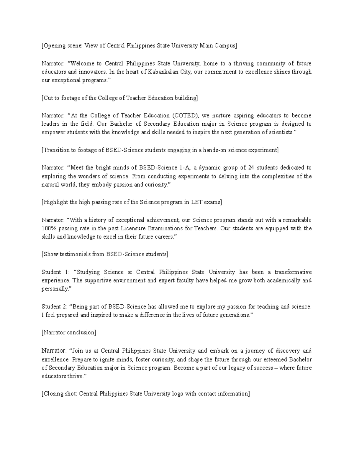 Science Script - [Opening scene: View of Central Philippines State ...