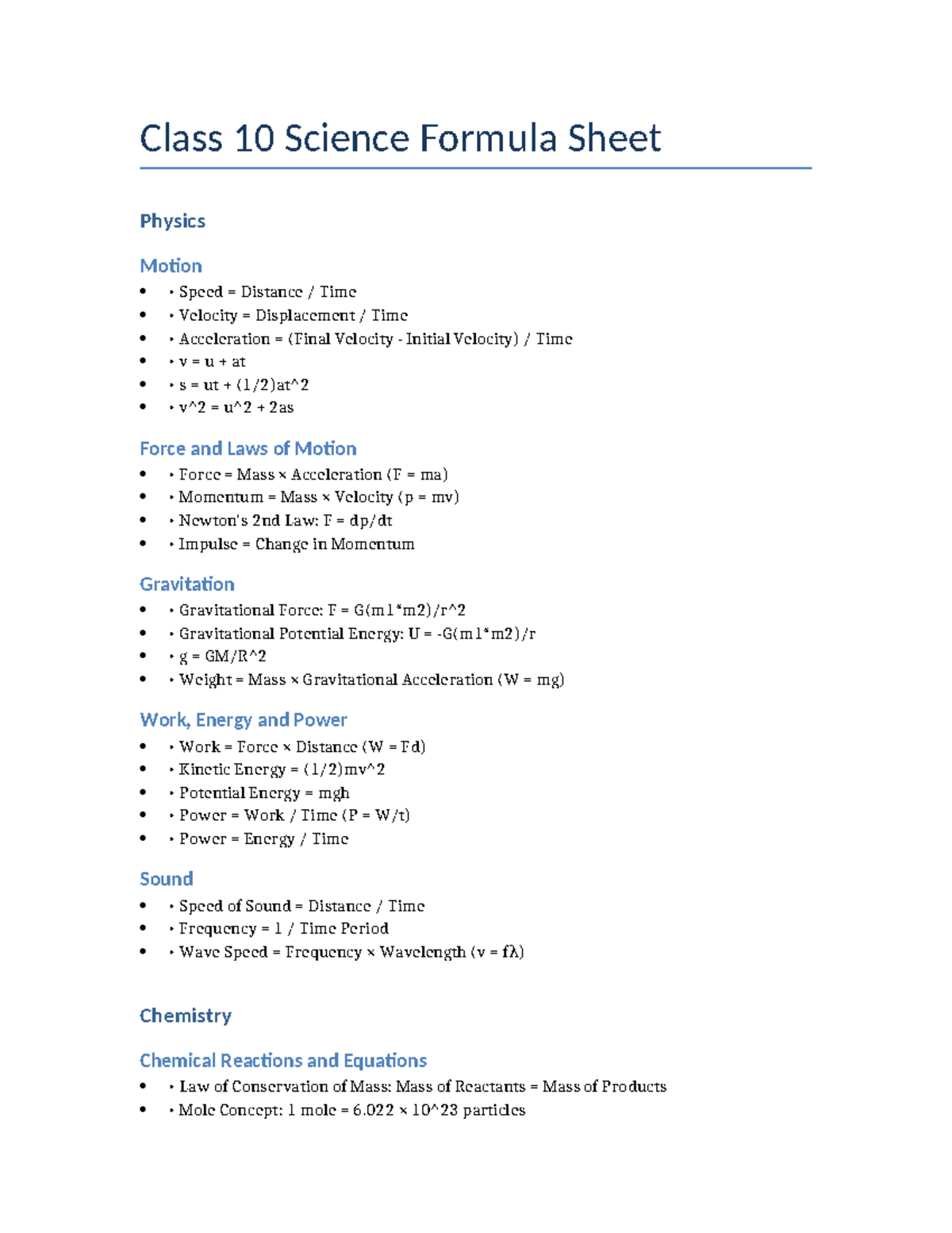 Detailed Class 10 Science Formula Sheet - Class 10 Science Formula ...