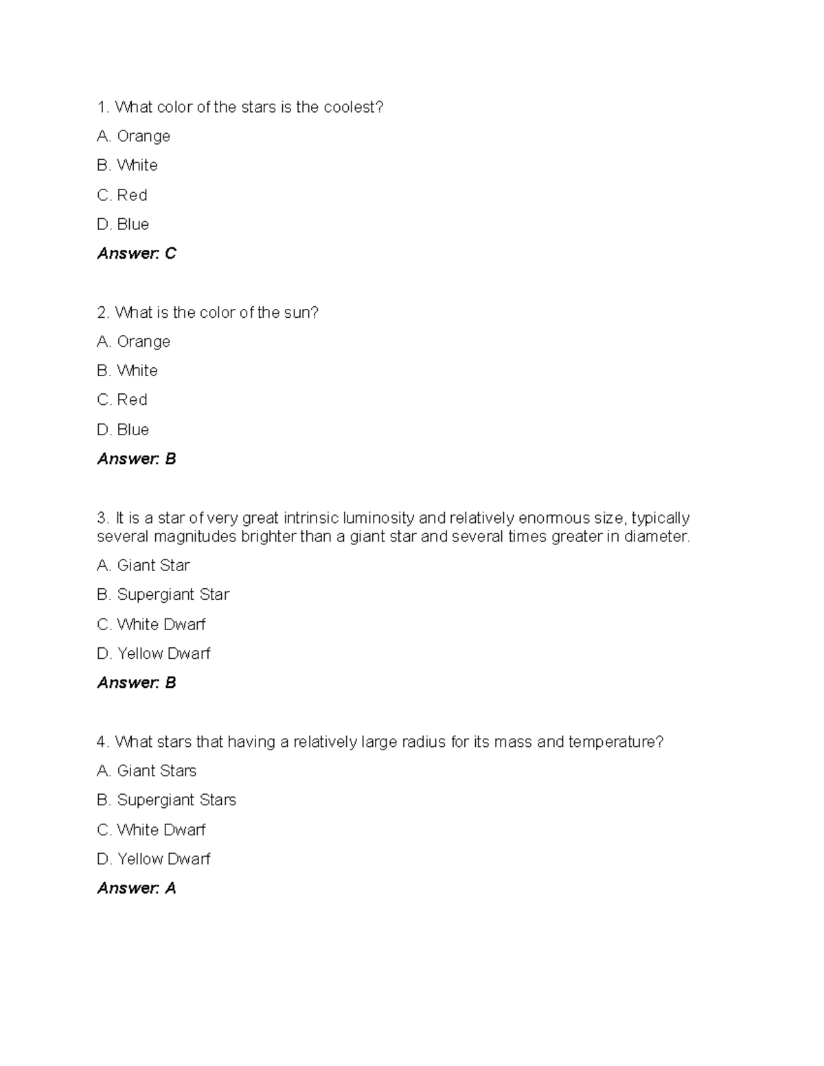 Astronomy Quiz - Stars-MCQ - What color of the stars is the coolest? A ...