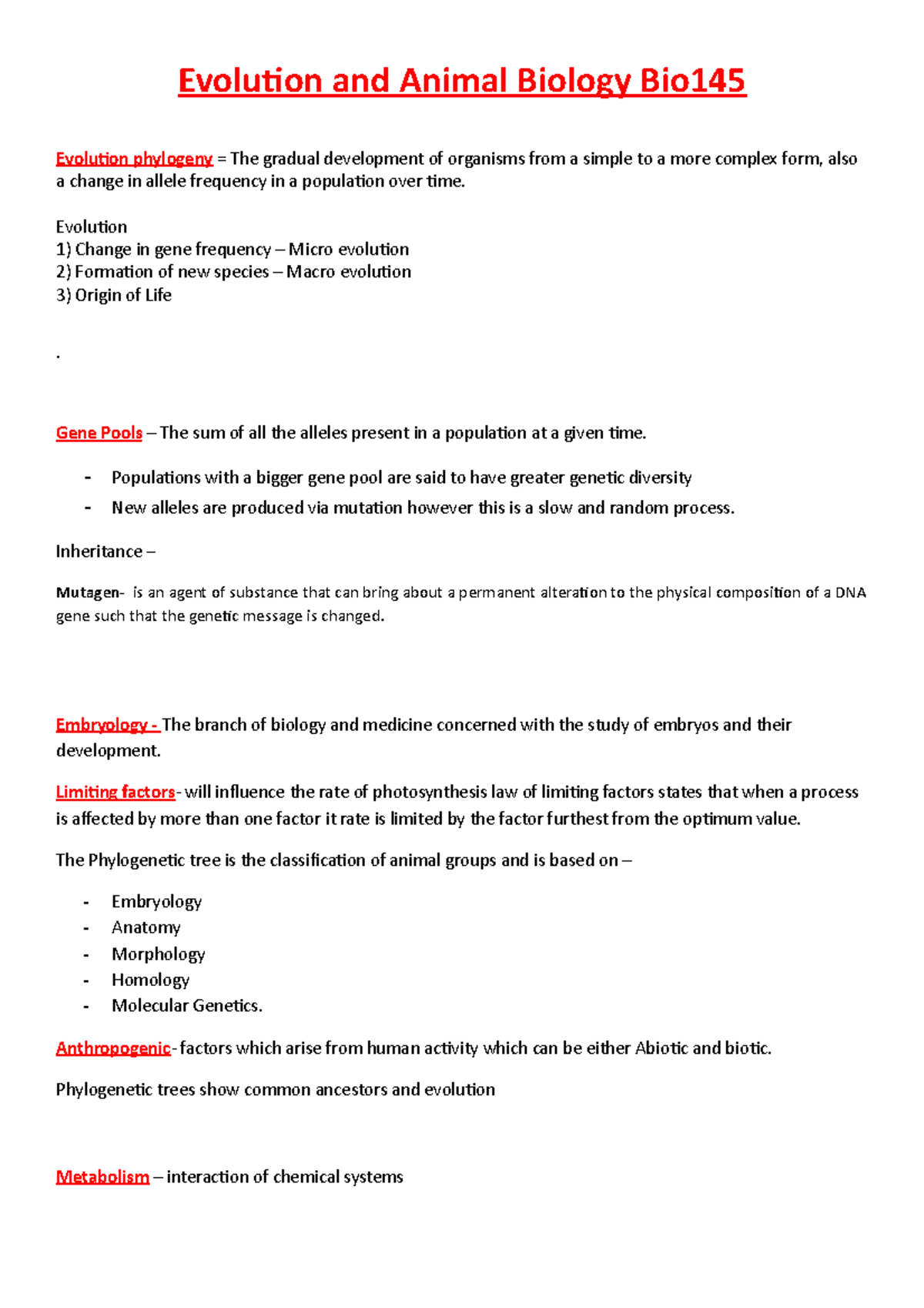 Evolution and Animal Biology Biology 145 - Evolution and Animal Biology ...