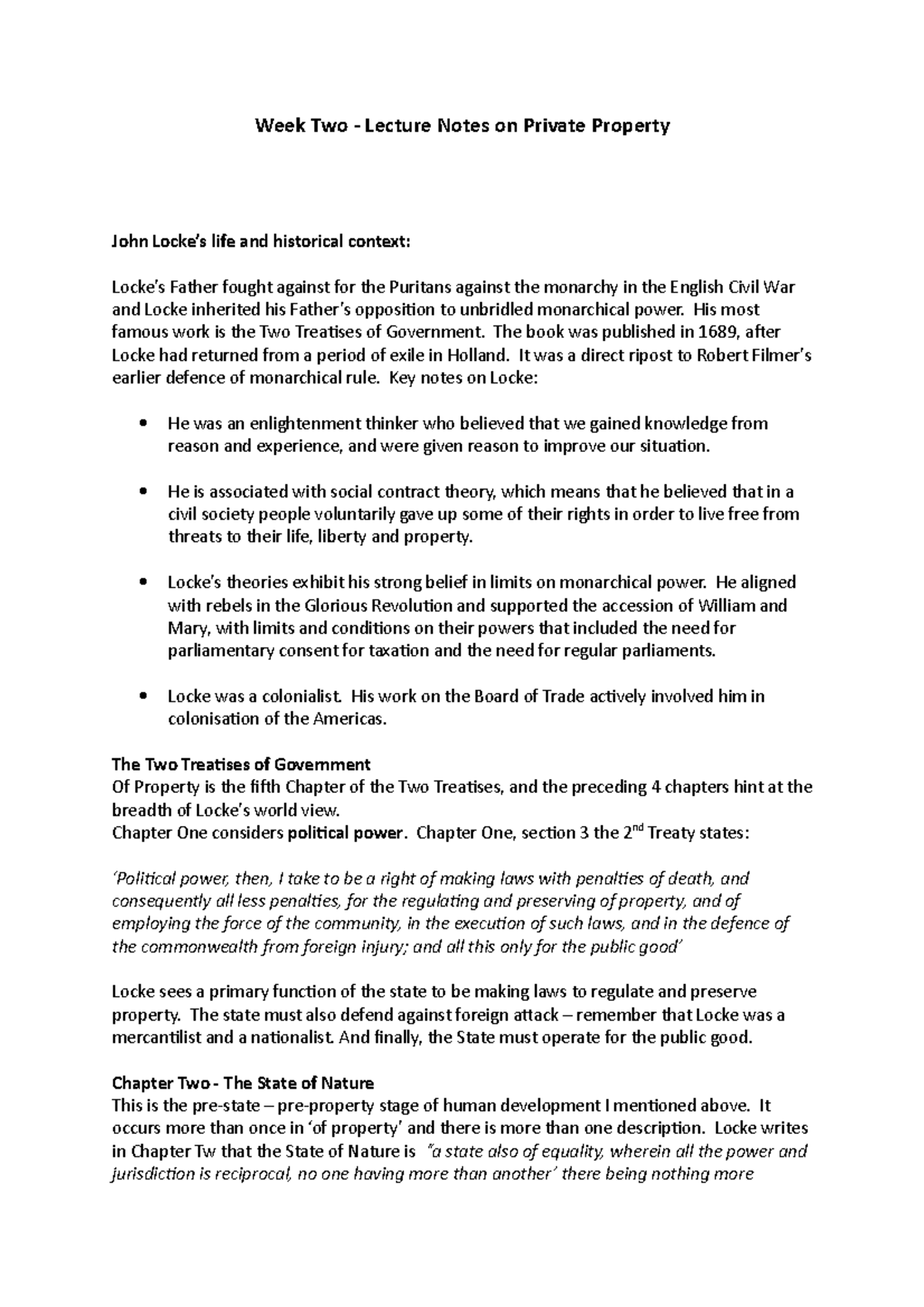 Week Two Private Property1 Lecture Notes Week Two Lecture Notes On Private Property John