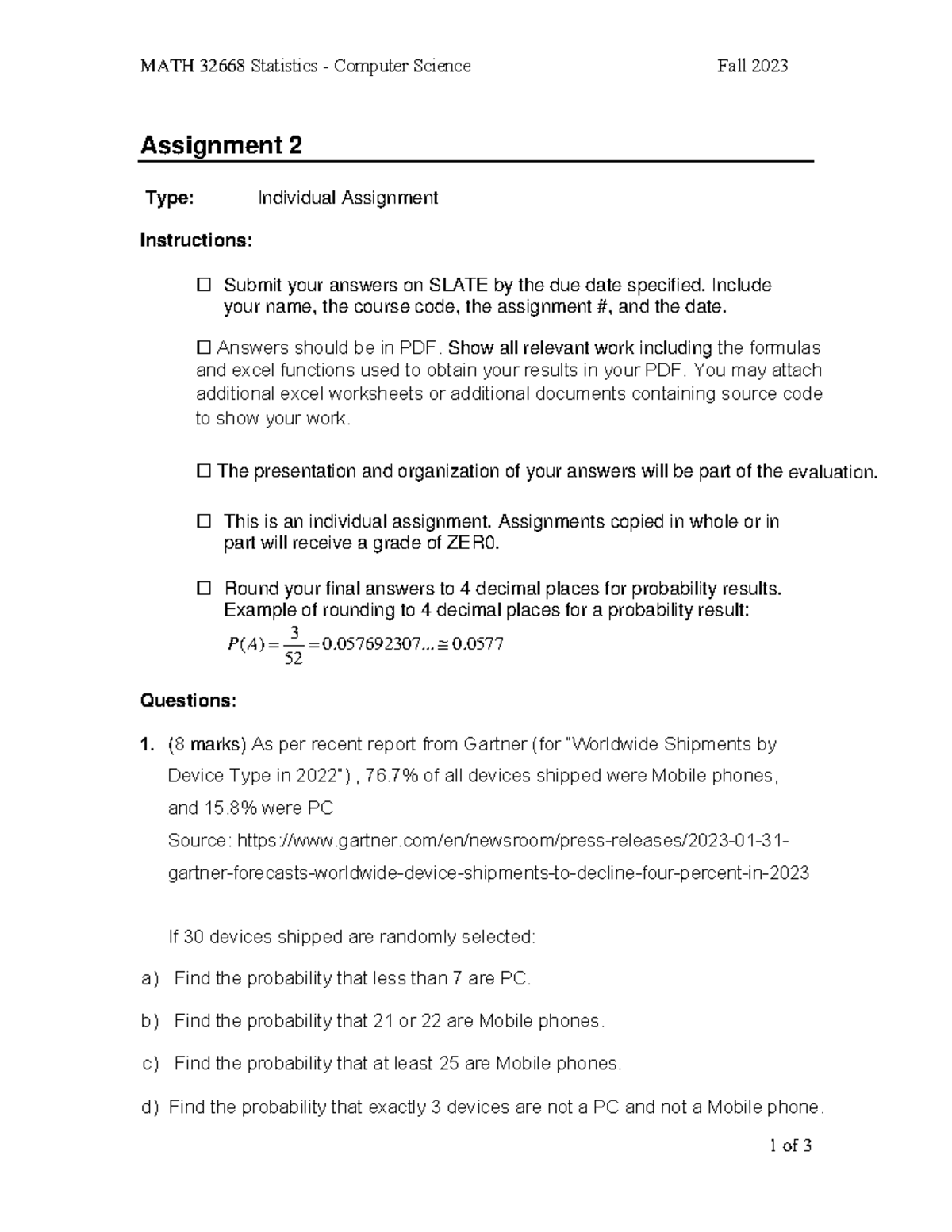 MATH 32668 Assignment 2-2023 - MATH 32668 Statistics - Computer Science ...