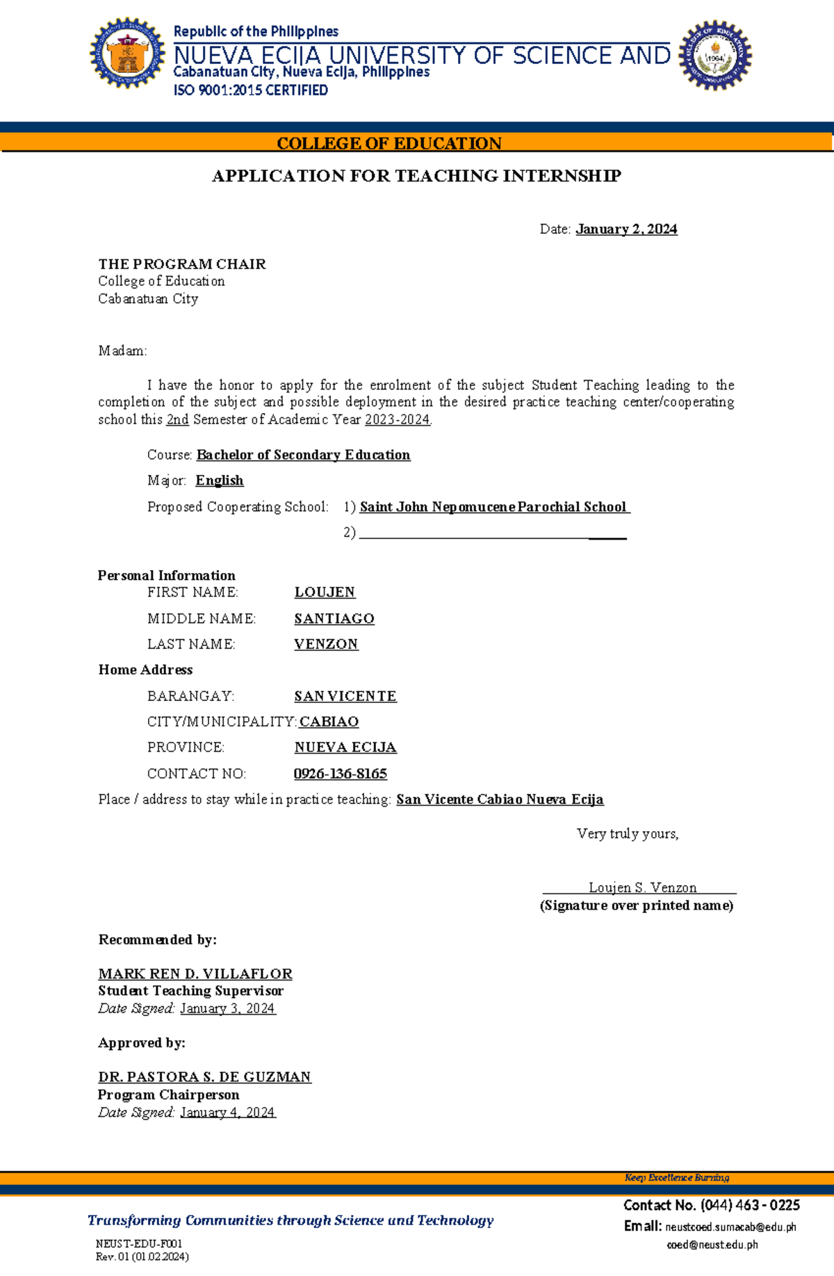 Neust-EDU-F001- Application-TO- Student- Teaching - Cabanatuan City ...