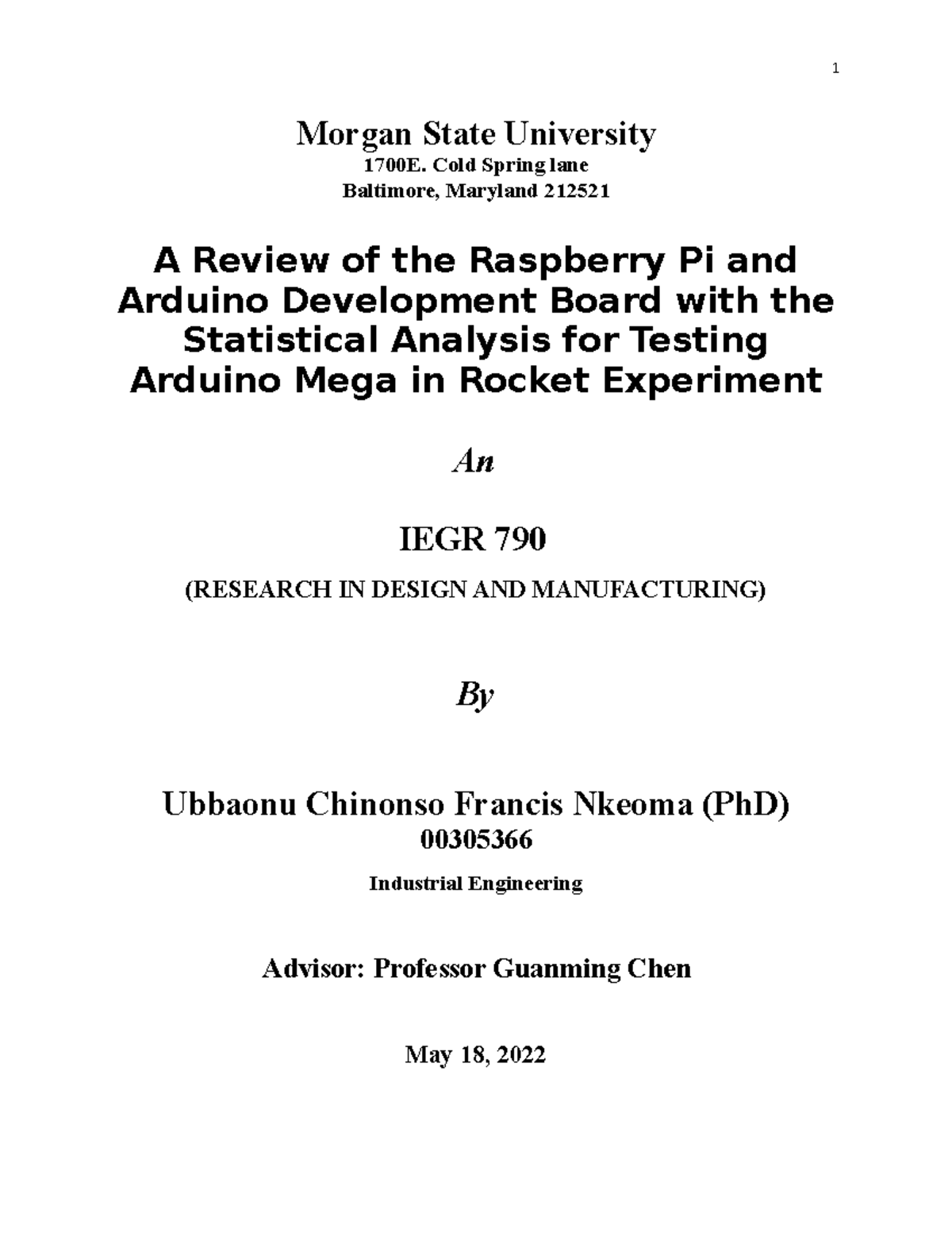 IEGR 790 - Reliability and analysis - Morgan State University 1700E ...