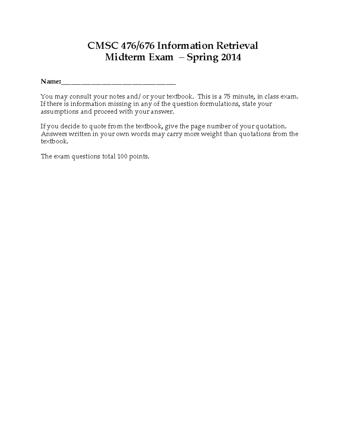 Sp14midterm - ONE - CMSC 476/676 Information Retrieval Midterm Exam ...